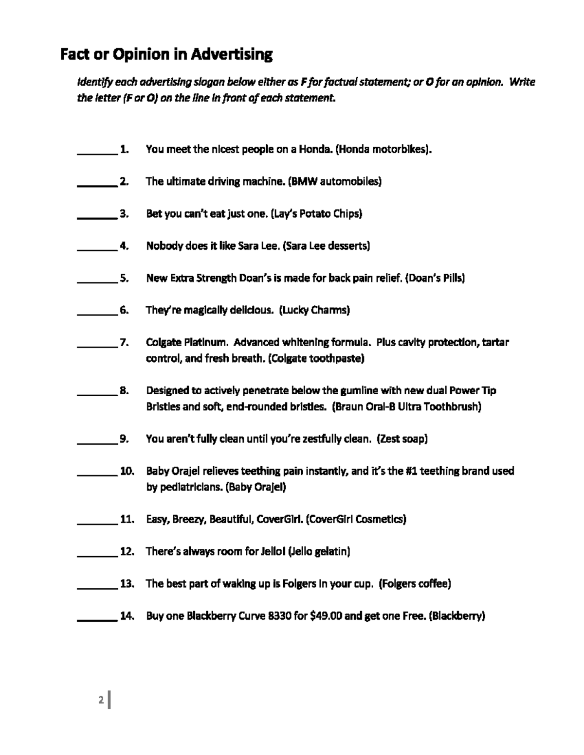 Ad3 - Practice - Fact or Opinion in Advertising Identify each ...