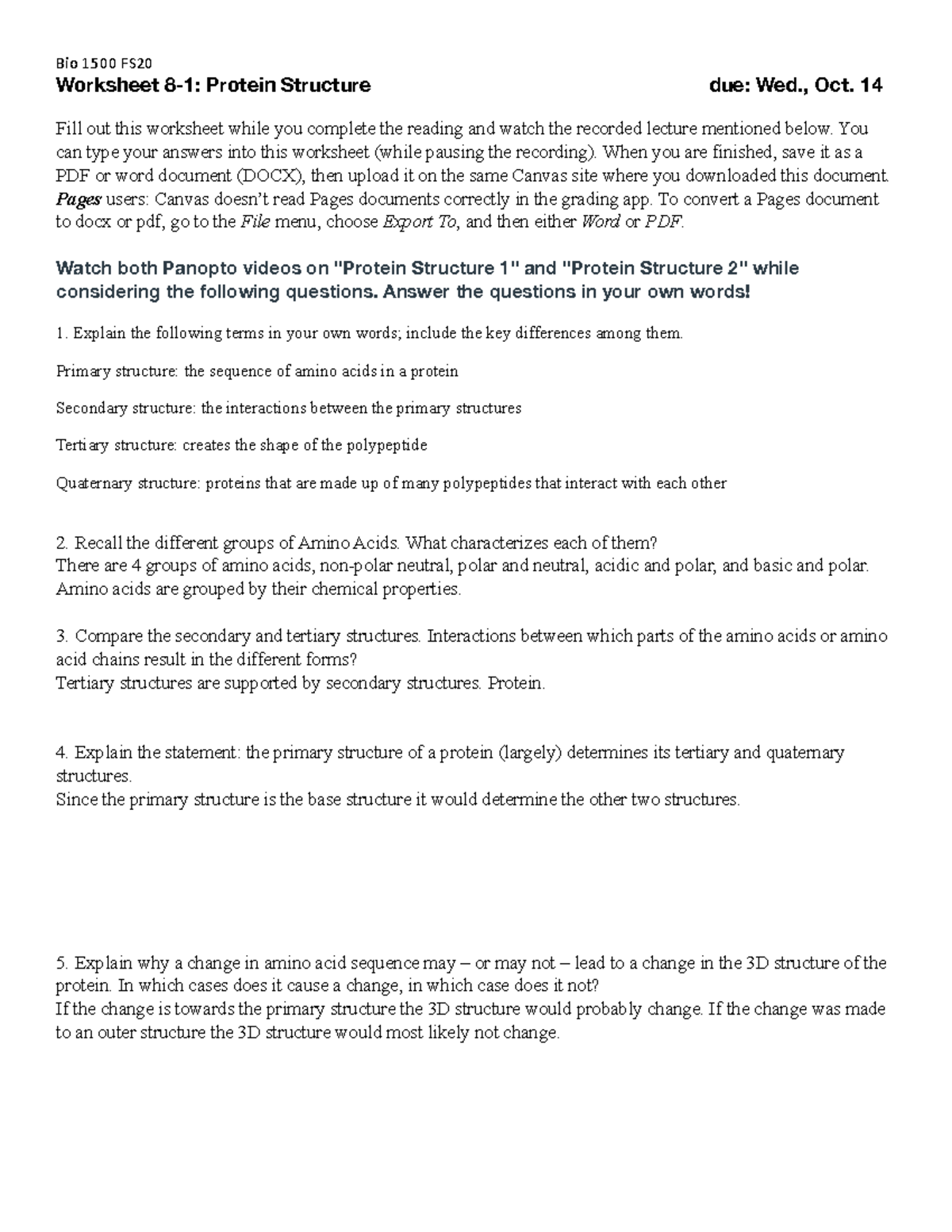 W8-1 Protein Structure - Bio 1500 FS Worksheet 8-1: Protein Structure ...