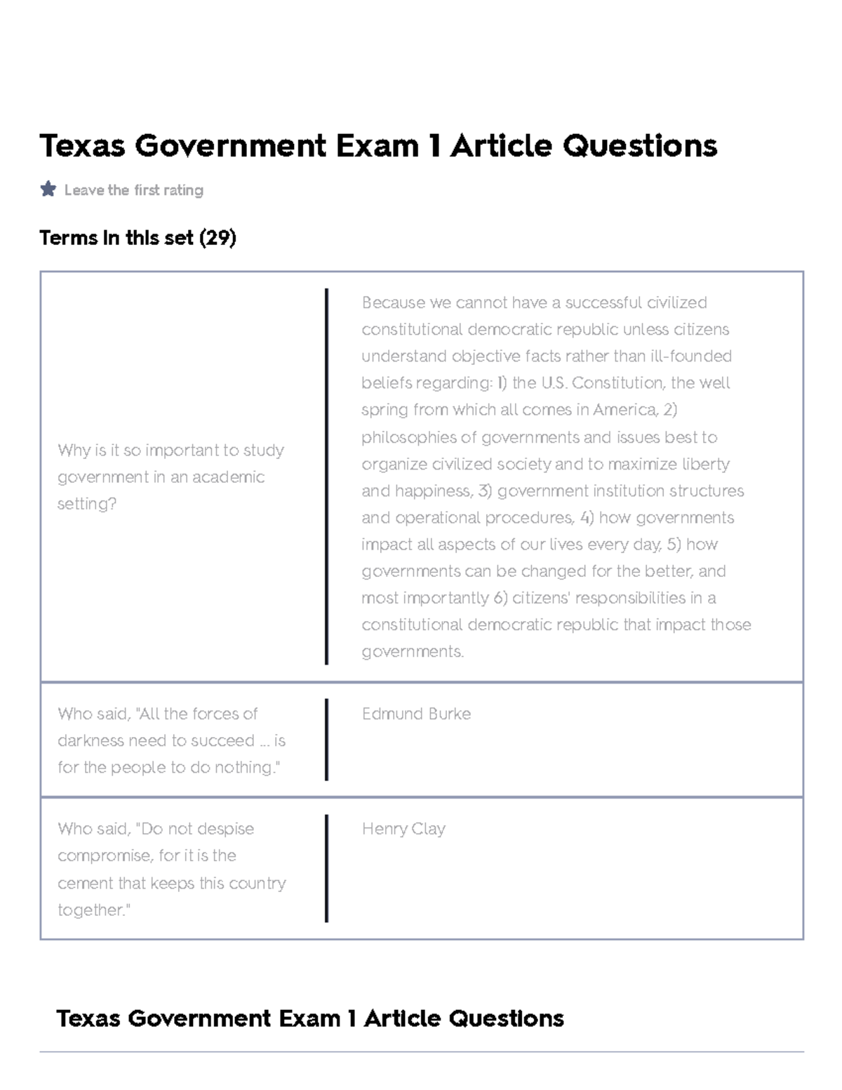 Texas Government Exam 1 Article Questions Flashcards Quizlet - Texas ...