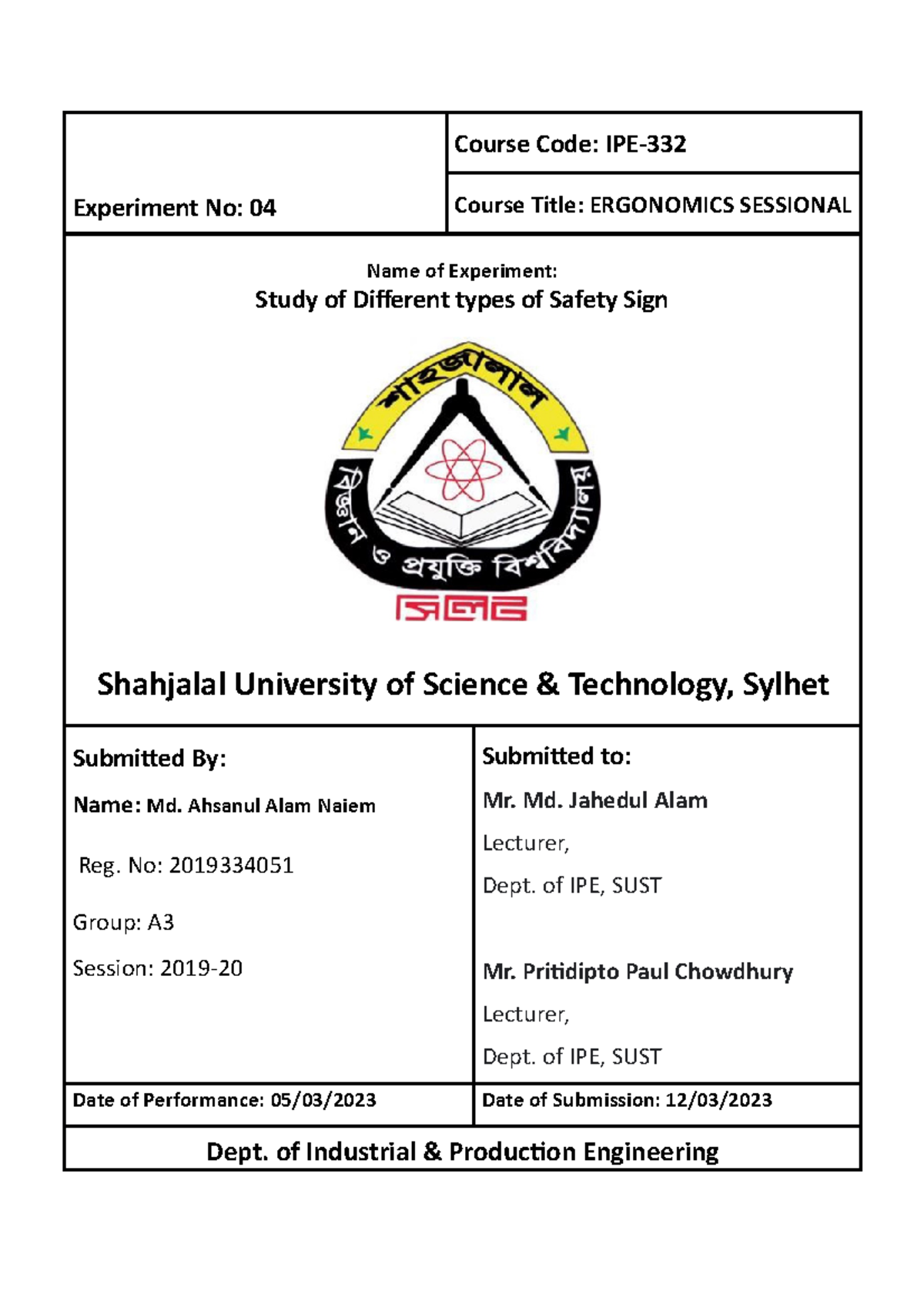 Lab report on Safety signs - Experiment No: 04 Course Code: IPE- Course ...