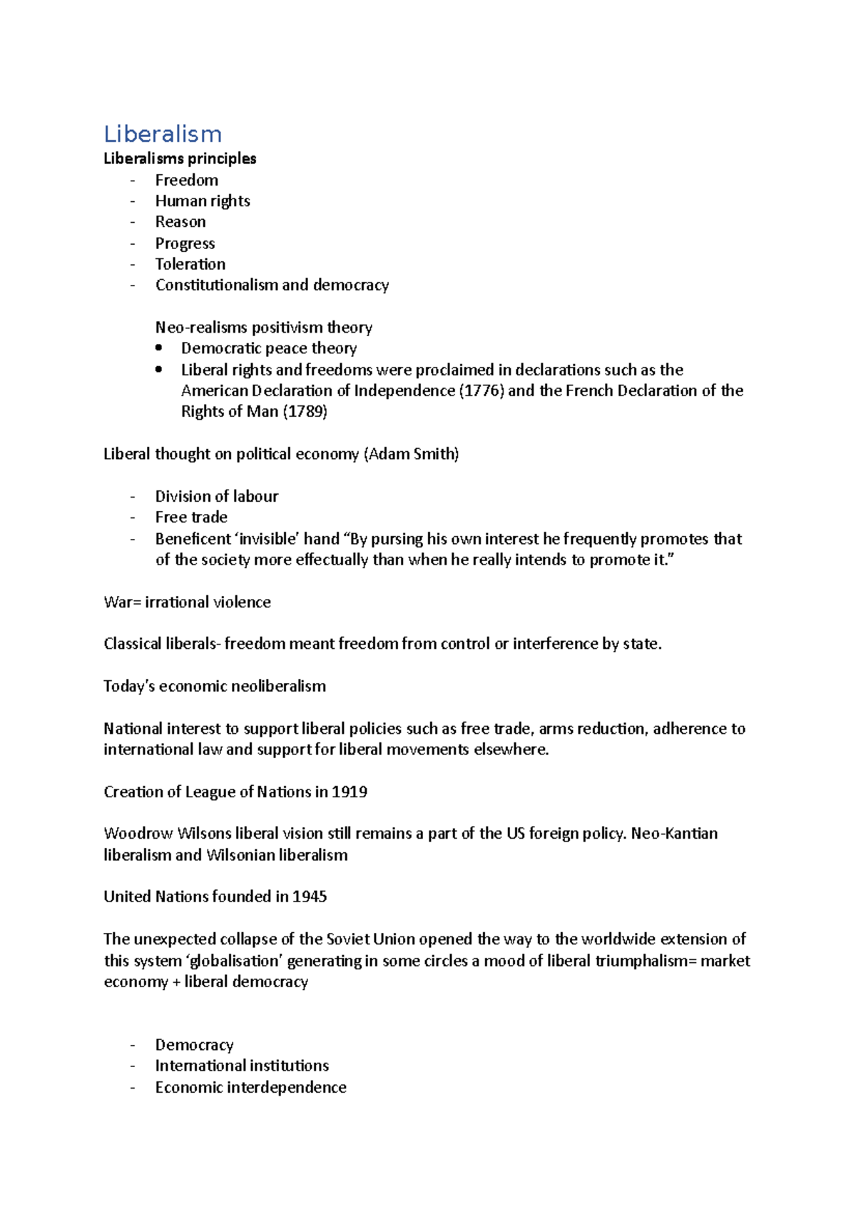 Liberalism chapter notes - Liberalism Liberalisms principles - Freedom ...