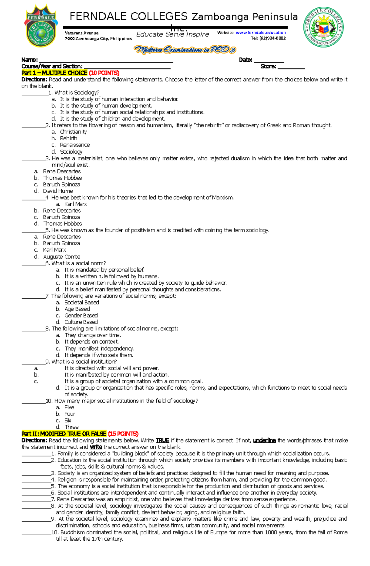 PED 3- Midterm - Example sample only. - Name