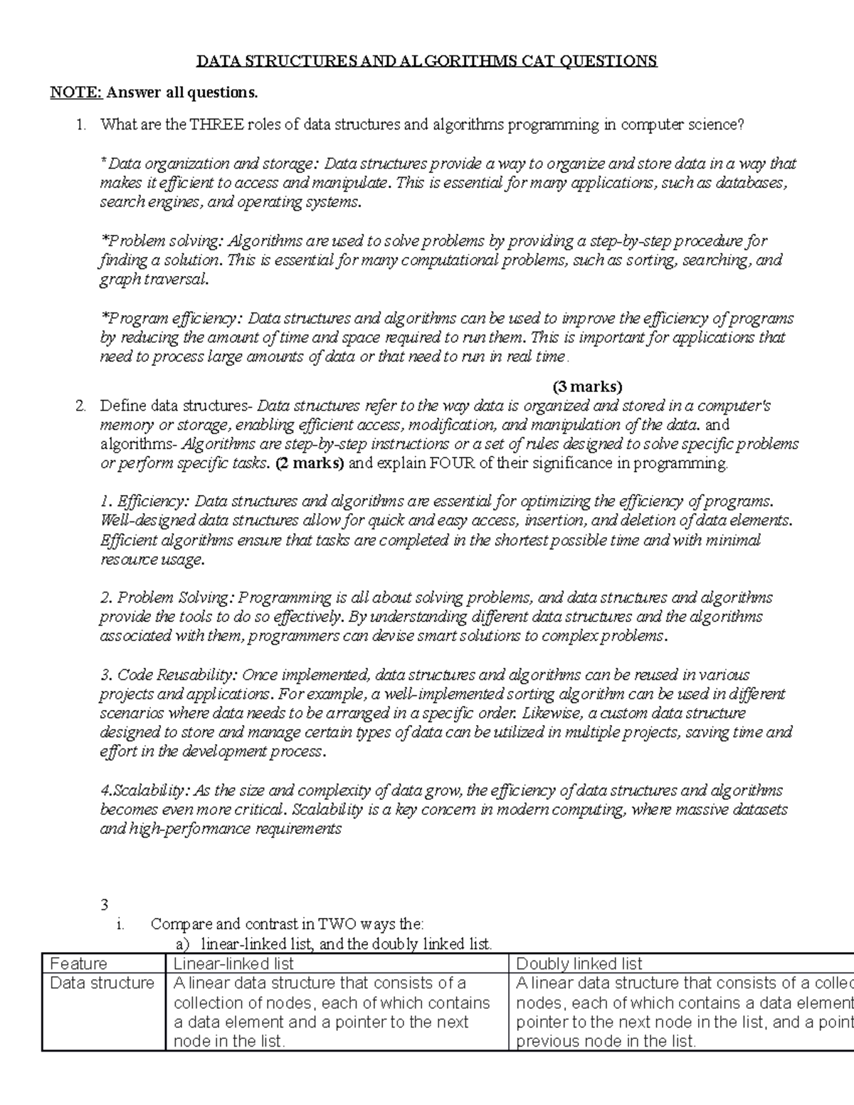 DSA CAT Questions and Answers - DATA STRUCTURES AND ALGORITHMS CAT QUESTIONS NOTE: Answer all ...