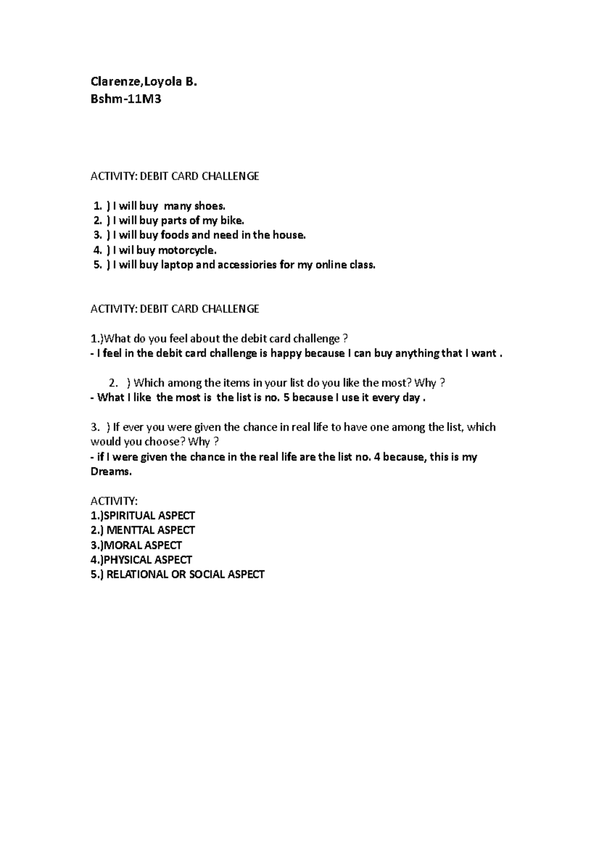 Activity activity - Clarenze,Loyola B. Bshm-11M ACTIVITY: DEBIT CARD ...