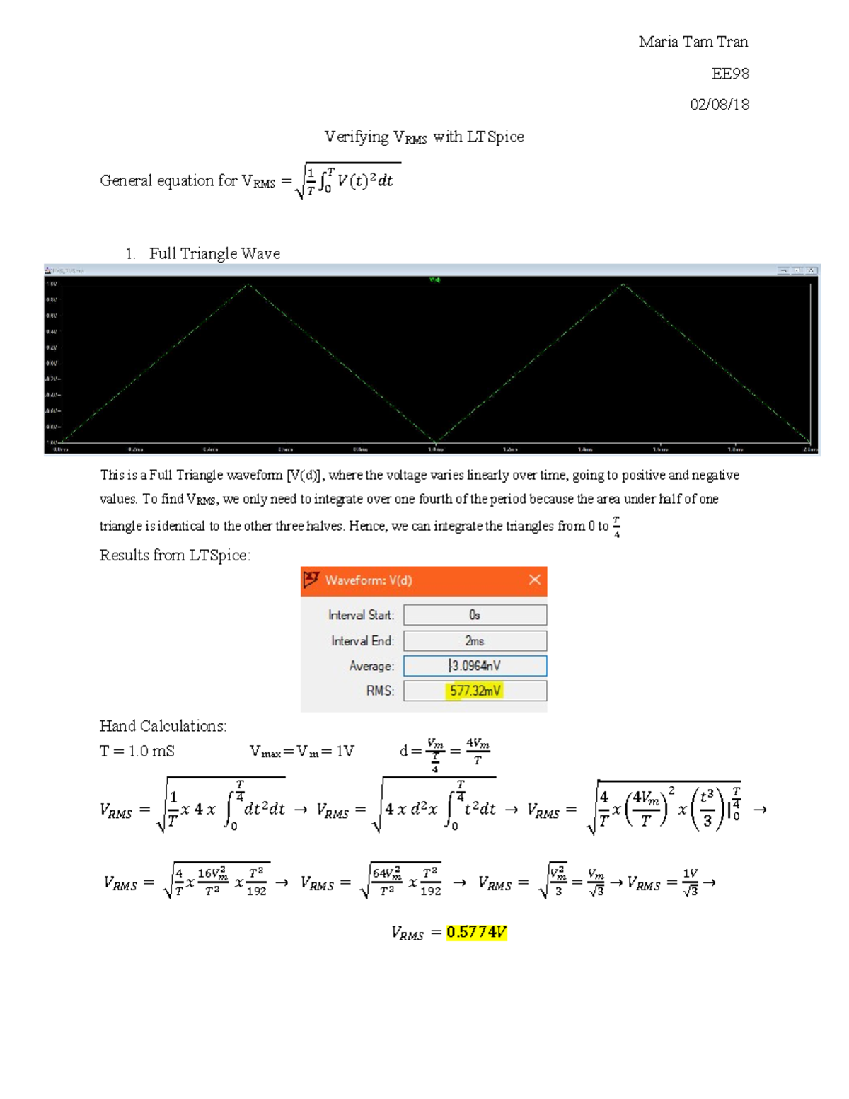 Homework 6 - LTspice work - Maria Tam Tran EE 02/08/ Verifying VRMS ...