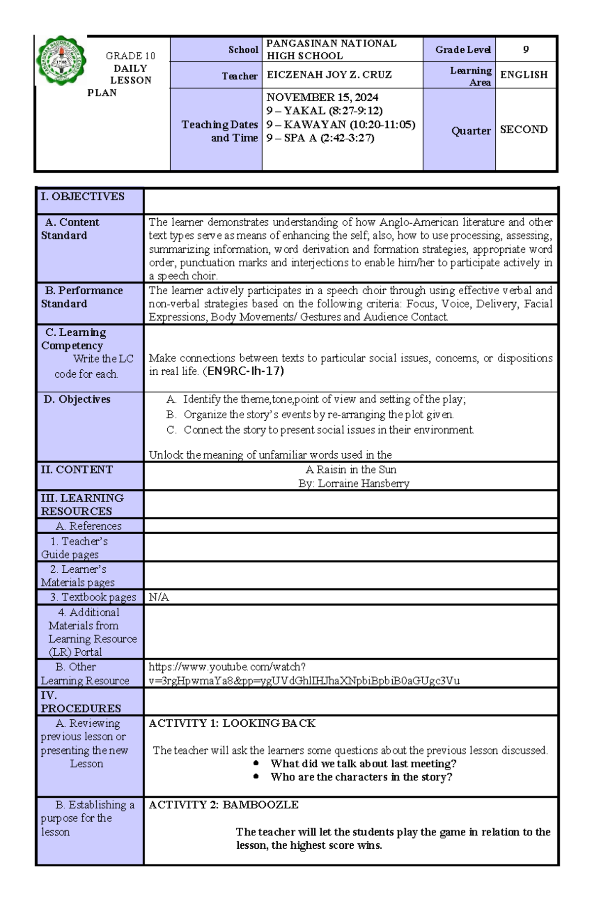 Lesson PLAN English 9-PNHS nov 15 - GRADE 10 DAILY LESSON PLAN School ...