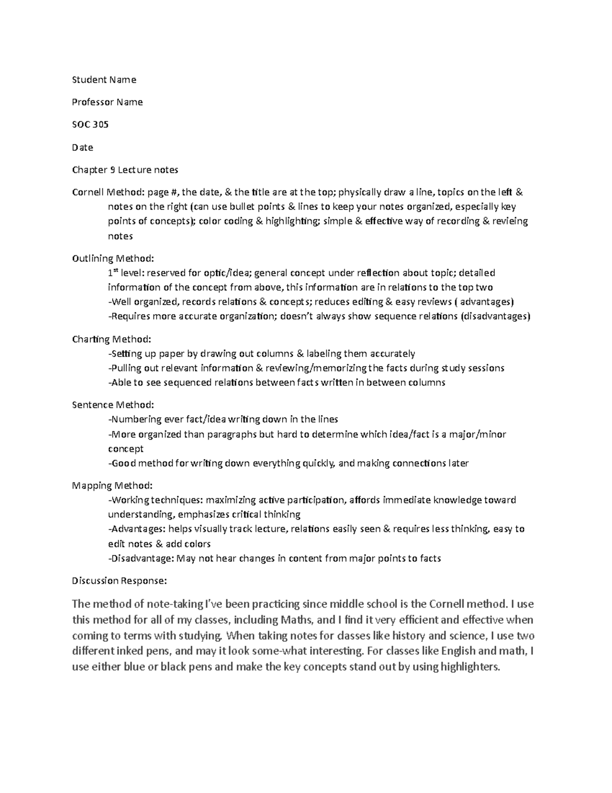 Chapter 9 Sociology; Note Taking Methods - Student Name Professor Name ...