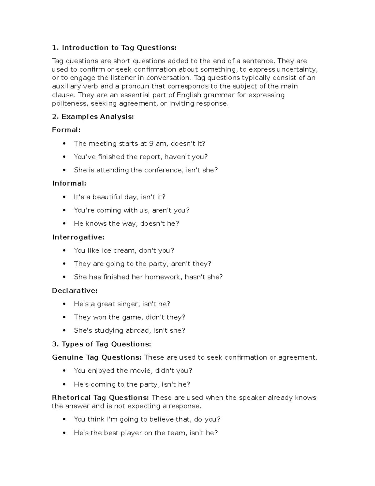 Evi 3 - 1. Introduction to Tag Questions: Tag questions are short ...