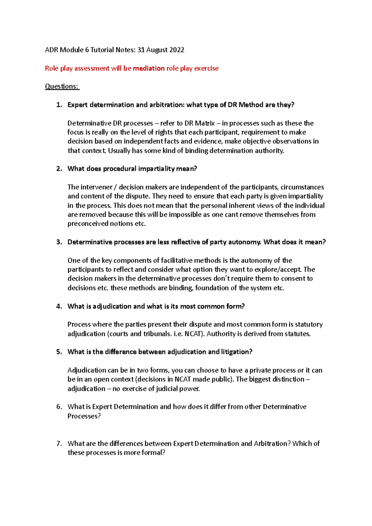 ADR Module 6 Tutorial Notes - Expert determination and arbitration ...