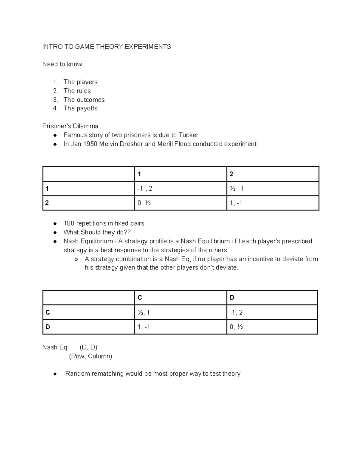 Expirimental notes - INTRO TO GAME THEORY EXPERIMENTS Need to know The ...