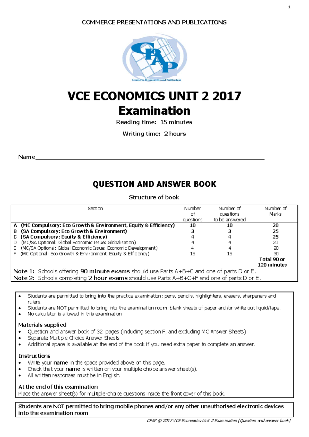 2017 econ unit 2 prac exam - COMMERCE PRESENTATIONS AND PUBLICATIONS ...