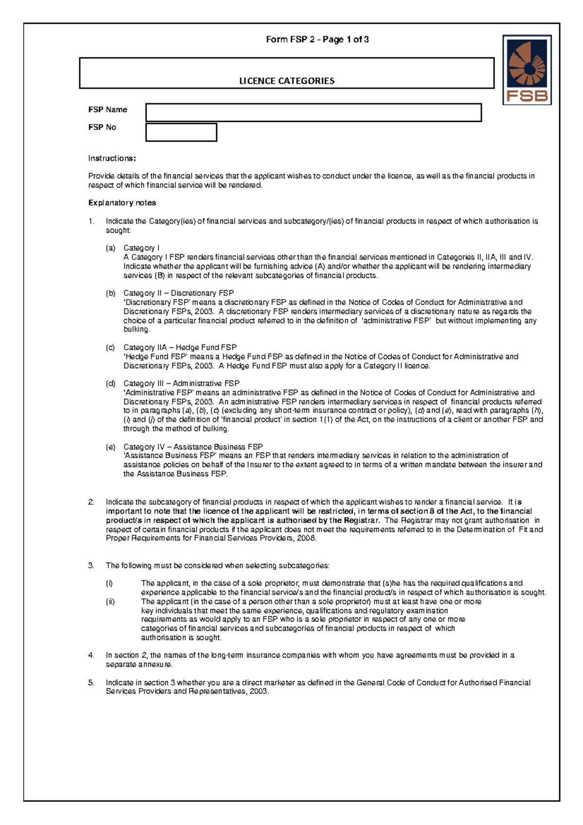 FSP Categories INSURANCE - Form FSP 2 - Page 1 of 3 FSP Name FSP No ...