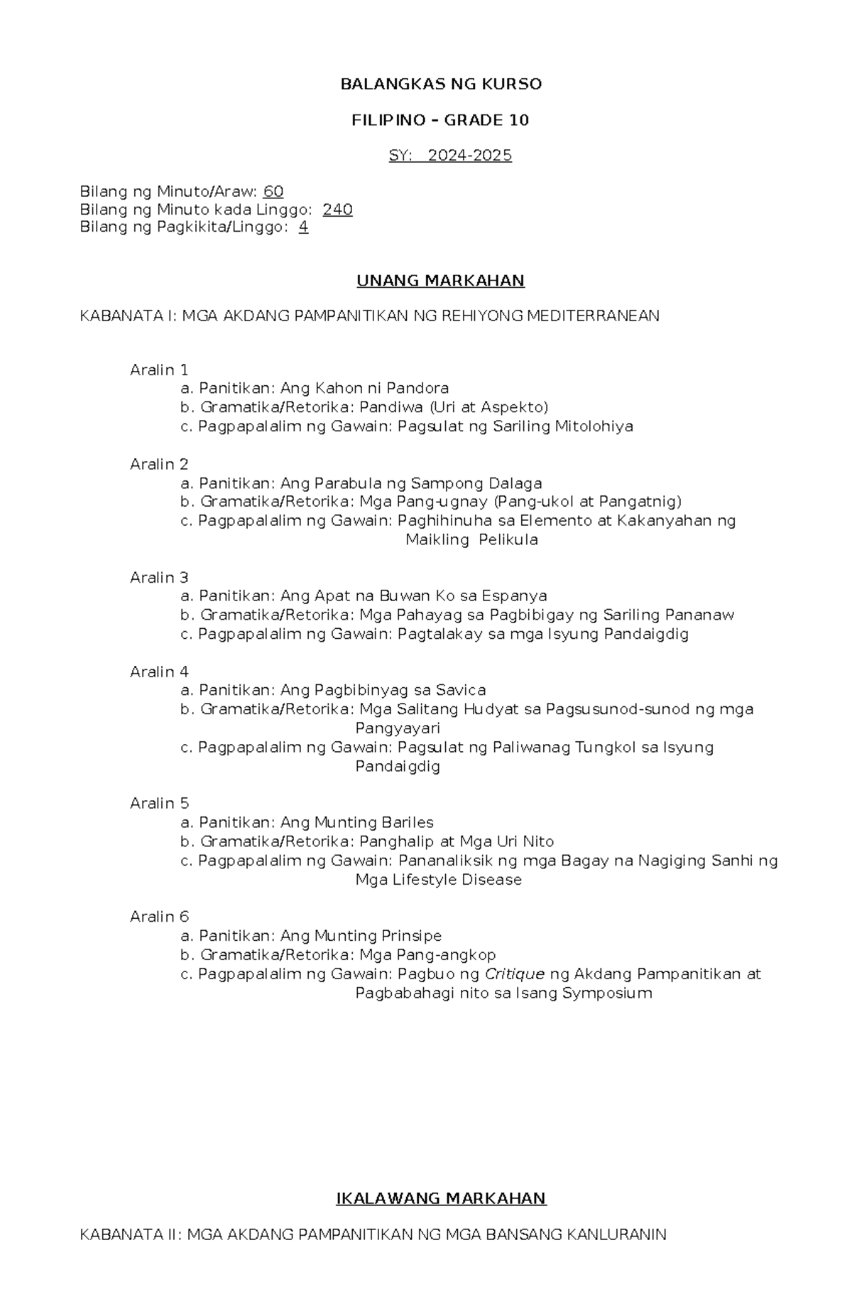 Filipino 10 course outline Final - BALANGKAS NG KURSO FILIPINO – GRADE ...