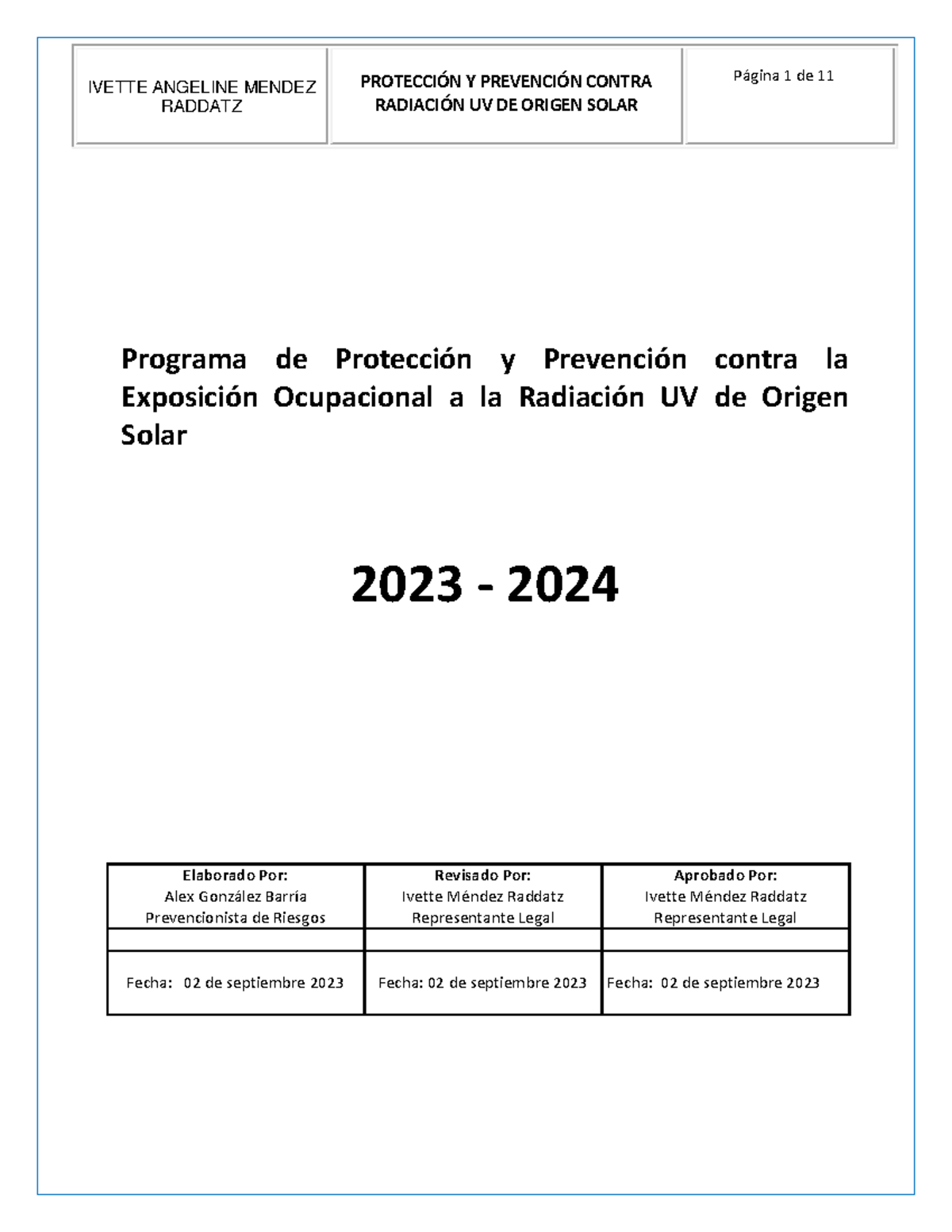 Protocolo Radiación UV 2023 2024 Ivette Mendez - IVETTE ANGELINE MENDEZ RADDATZ PROTECCIÓN Y ...