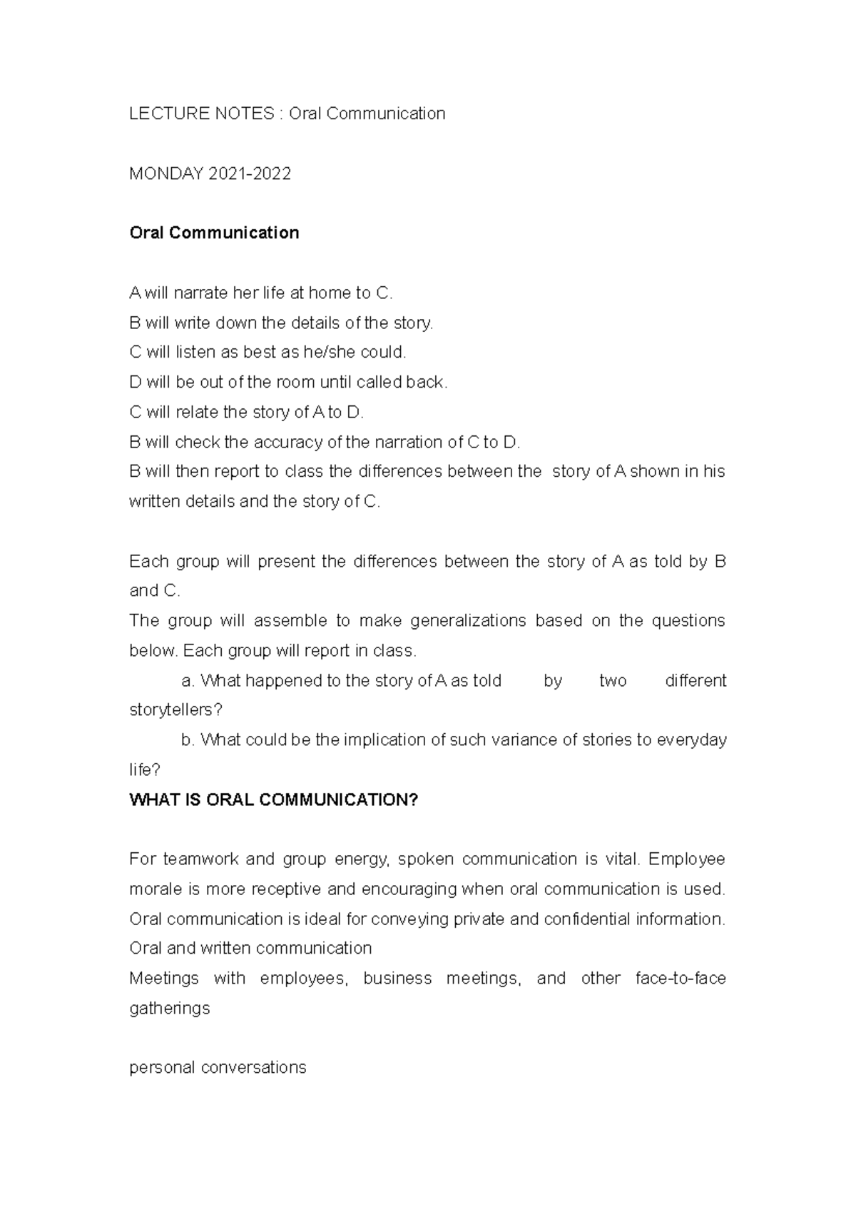 Lecture Notes ORAL Communication - LECTURE NOTES : Oral Communication ...