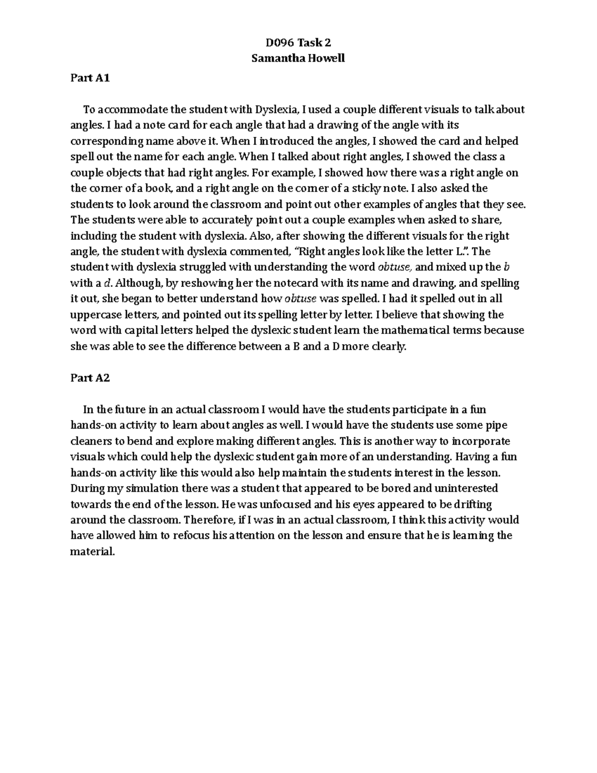 Diverse Learners Task 2 - D096 Task 2 Samantha Howell Part A To ...