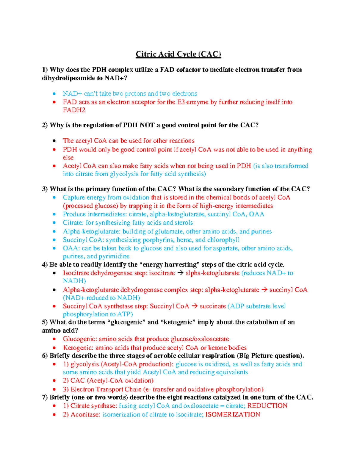 Quiz 5 Study Questions - Citric Acid Cycle (CAC) Why does the PDH ...