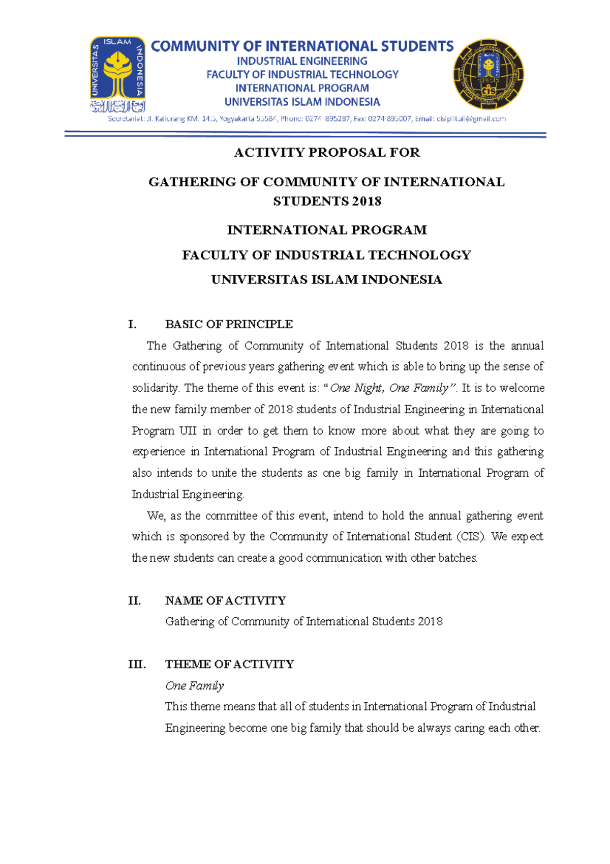 Proposal Gathering of CIS 2018 - ACTIVITY PROPOSAL FOR GATHERING OF ...