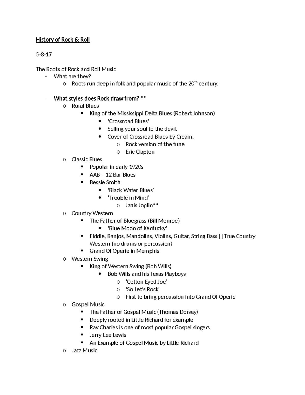 Docx - Lecture notes 12 - History of Rock & Roll 5-8- The Roots of Rock ...