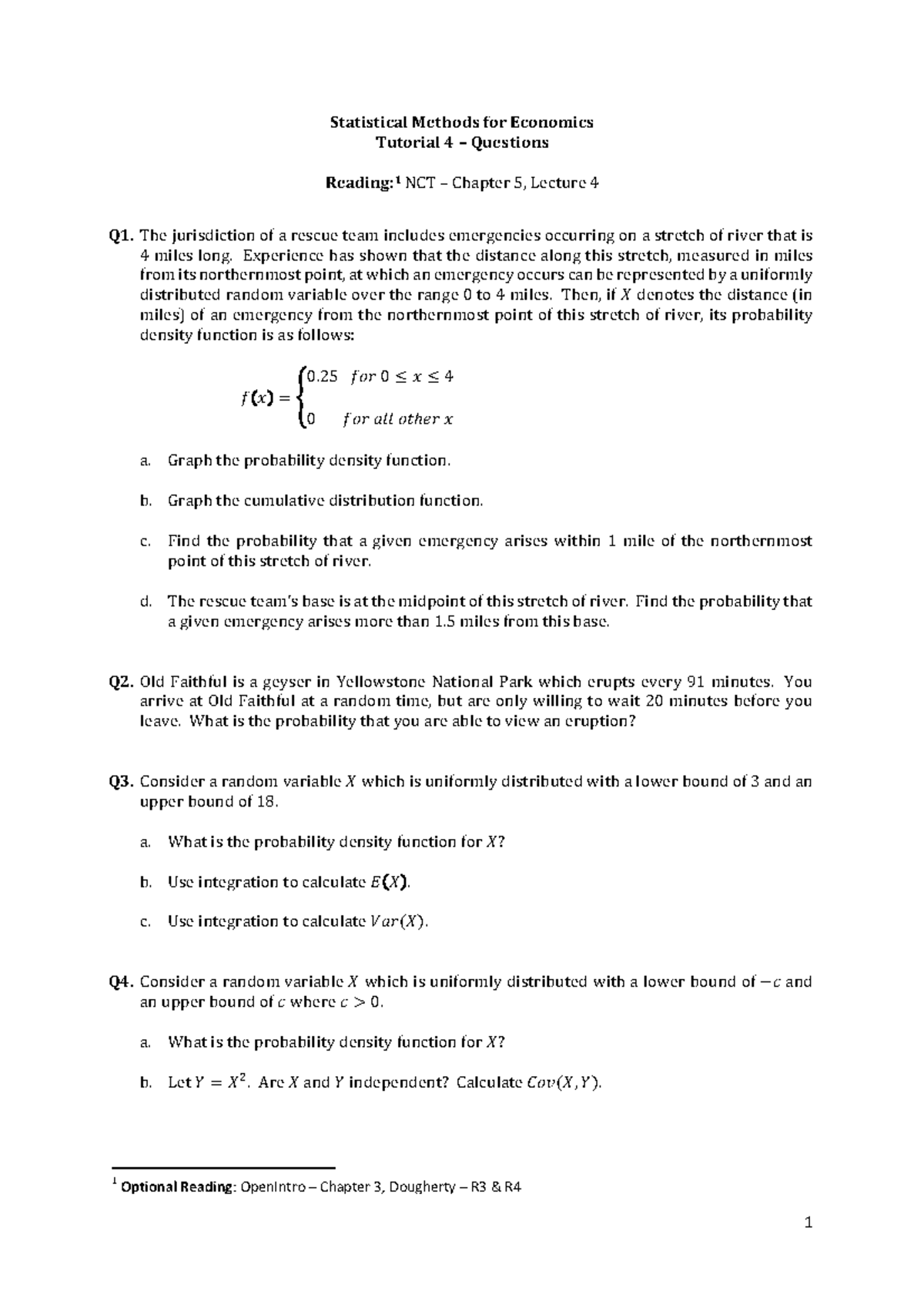 Tutorial 4 Questions Statistical Methods For Economics Tutorial 4 Questions Reading 1 Nct