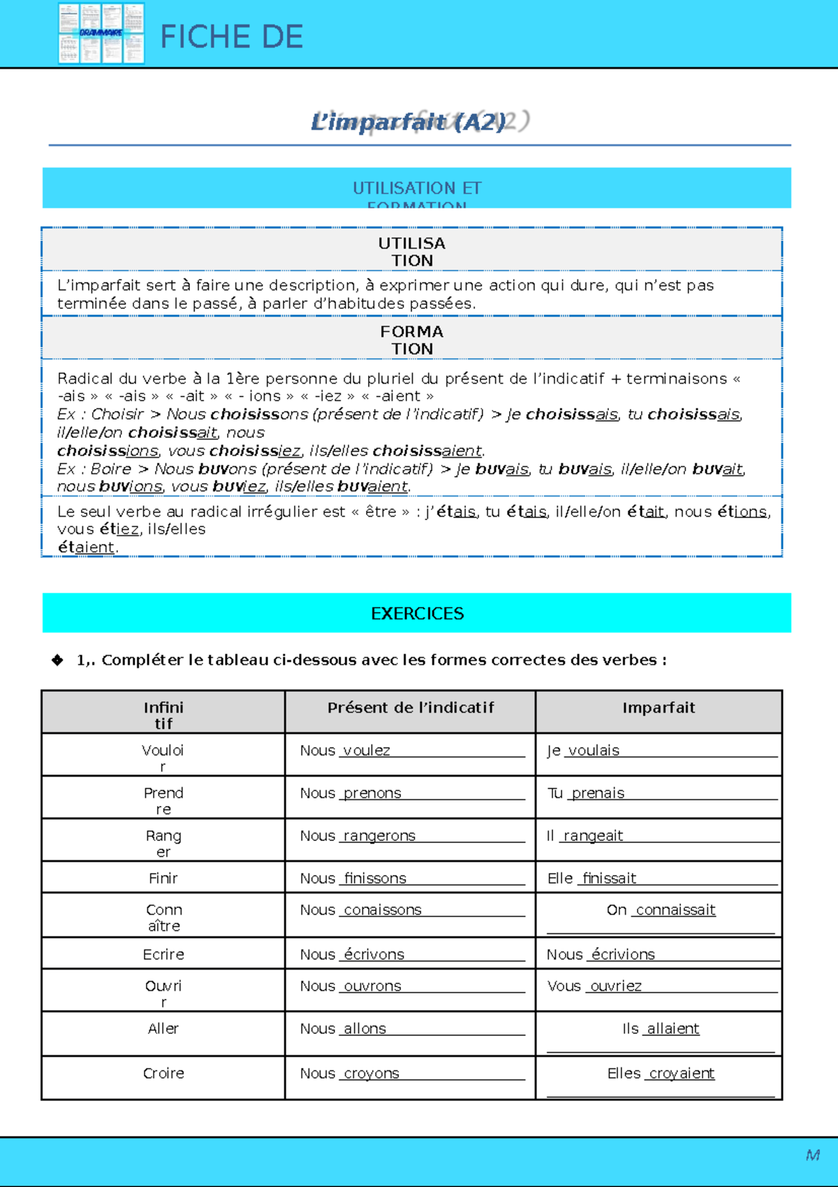 A2 grammaire imparfait - UTILISA TION L’imparfait sert à faire une ...