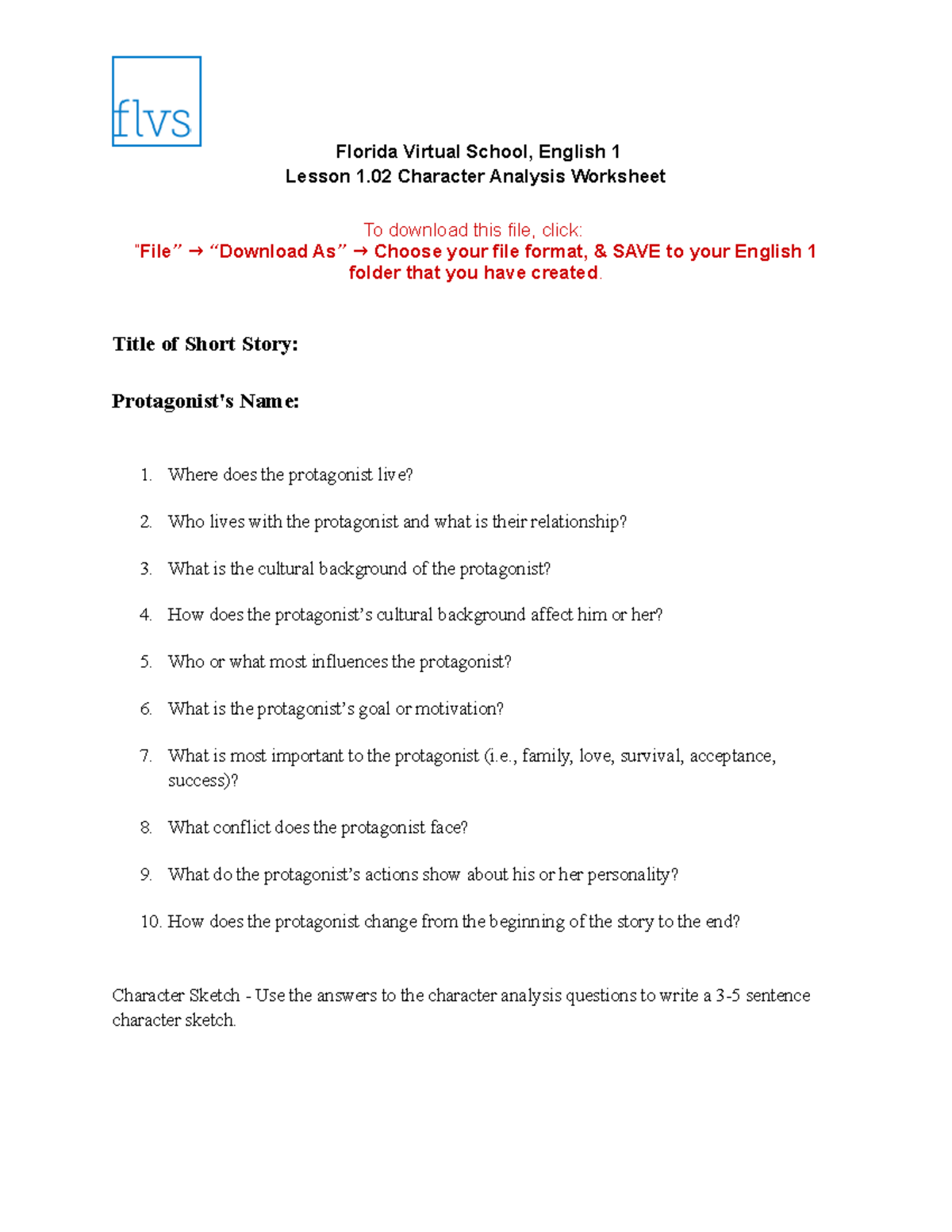 1.02 Character Analysis Worksheet - Florida Virtual School, English 1 ...