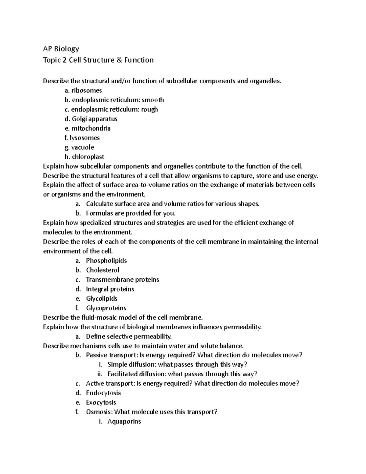 Unit 2 assessment study guide - AP Biology Topic 2 Cell Structure ...