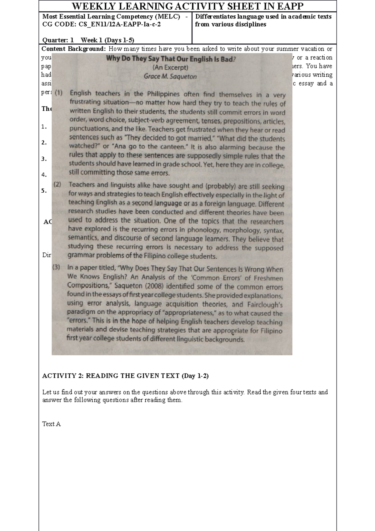 NIOG, Cecille Activity-Sheet for EAPP-week-1 - Copy - WEEKLY LEARNING ACTIVITY SHEET IN EAPP ...