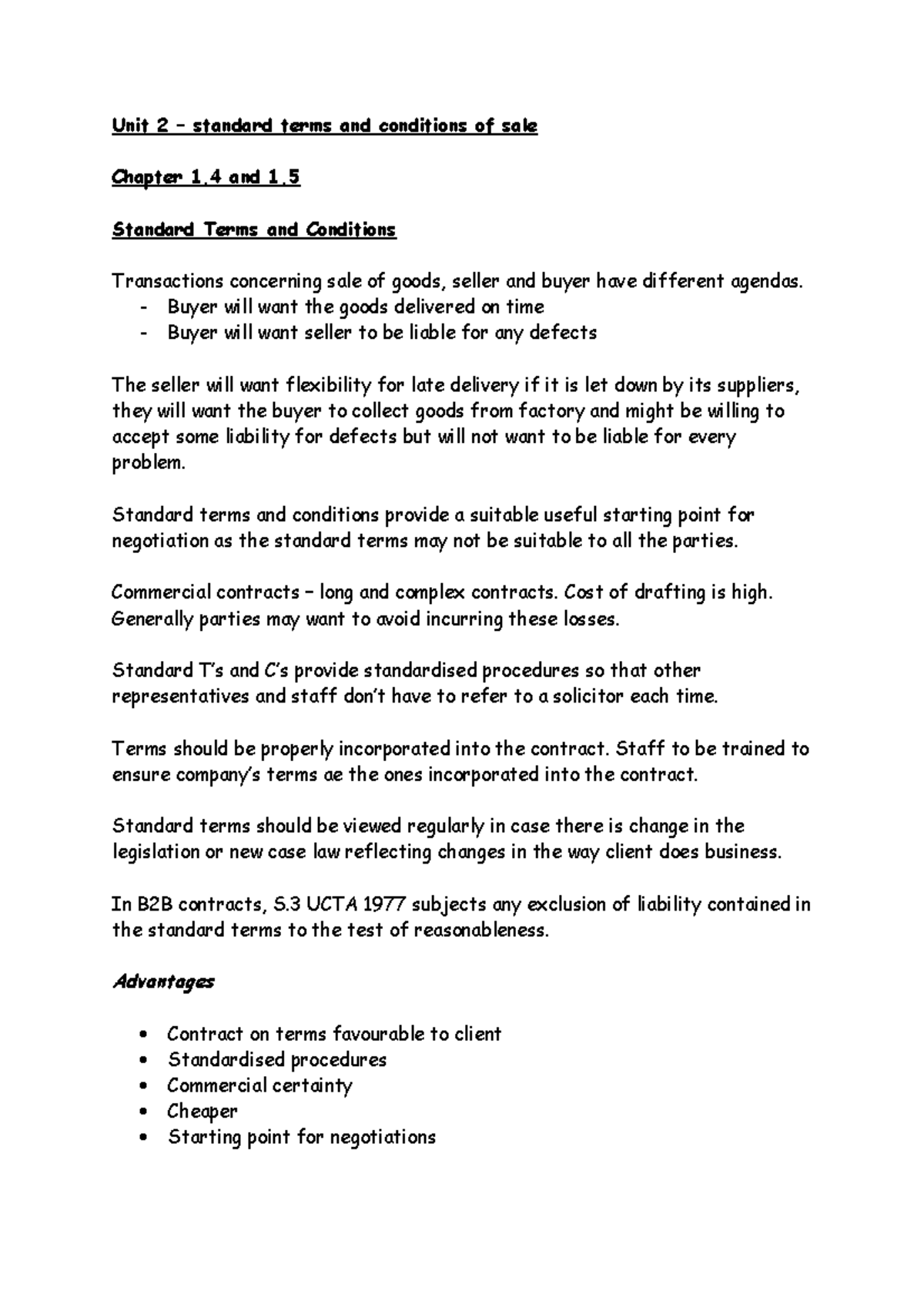 Unit 2 - Terms and Conditions of a Sale notes - Unit 2 – standard terms ...