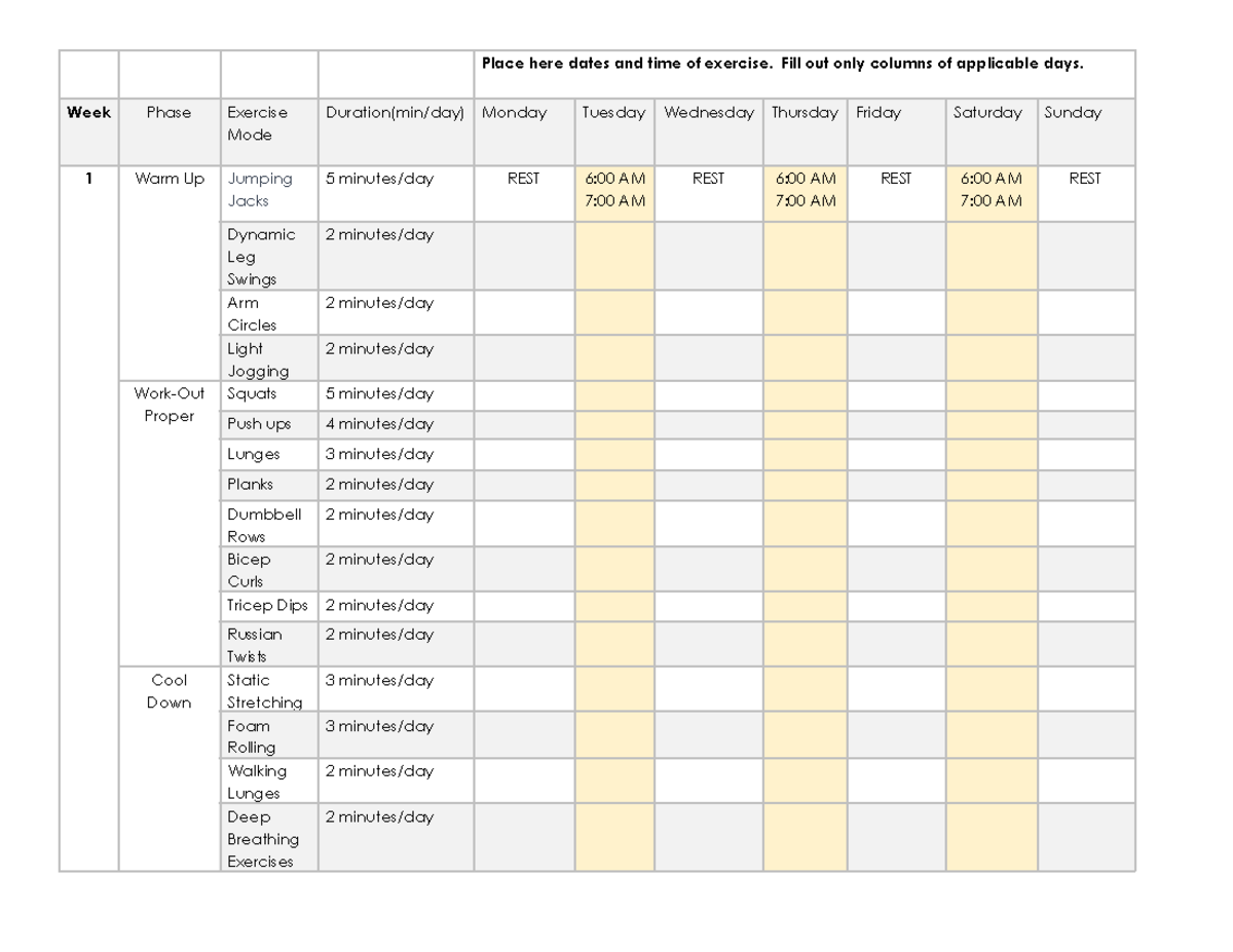 FIT HW Module 2 Worksheet - Place here dates and time of exercise. Fill ...