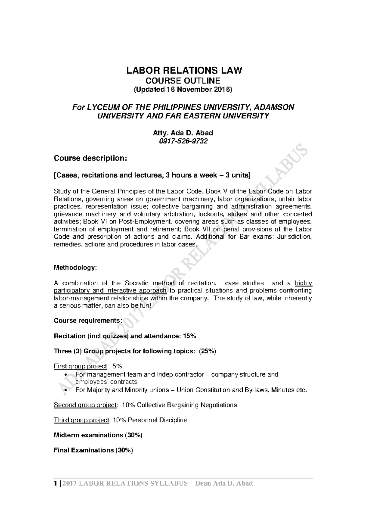 Labor relations law 2017 syllabus - LABOR RELATIONS LAW COURSE OUTLINE ...