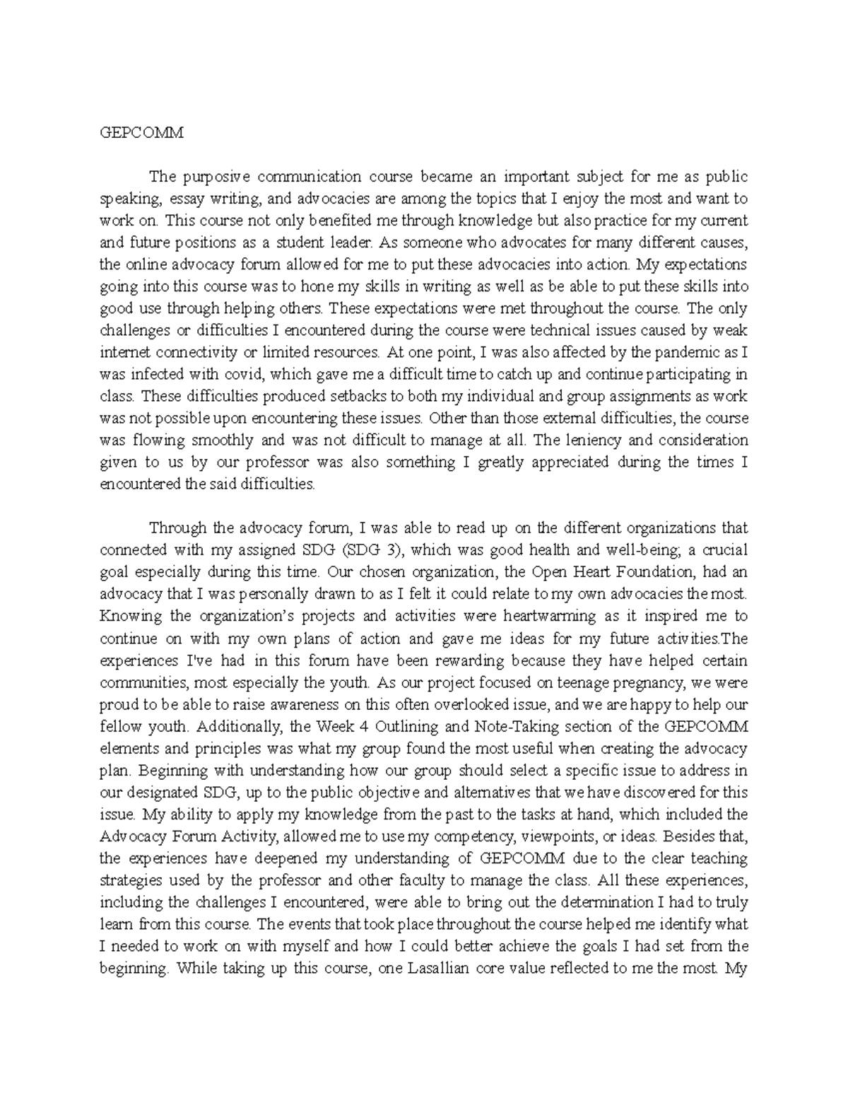 G Epcomm Reflection Paper - GEPCOMM The purposive communication course ...