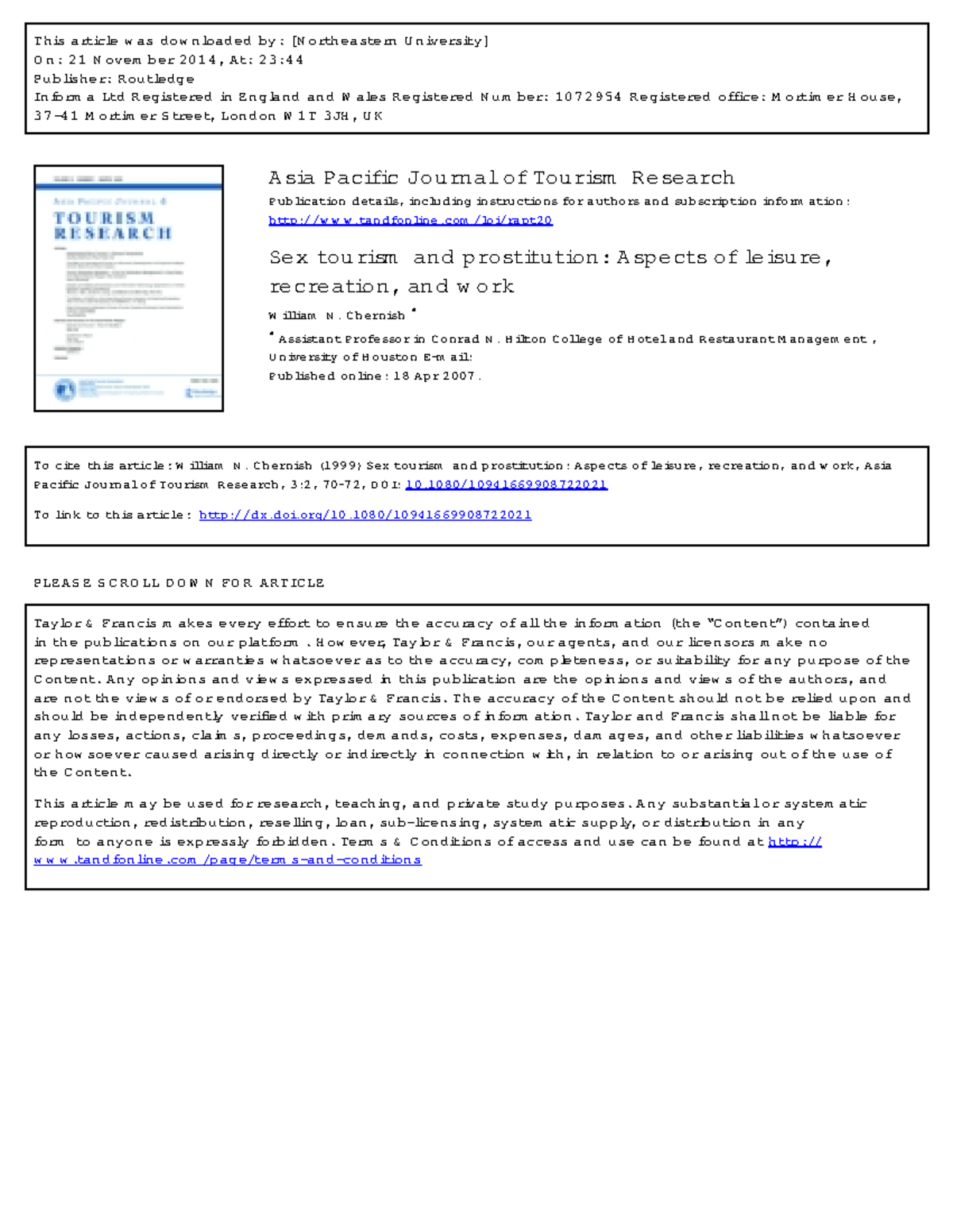 Chernish, W. N. Sex Tourism and prostitution - Aspects of leisure ...