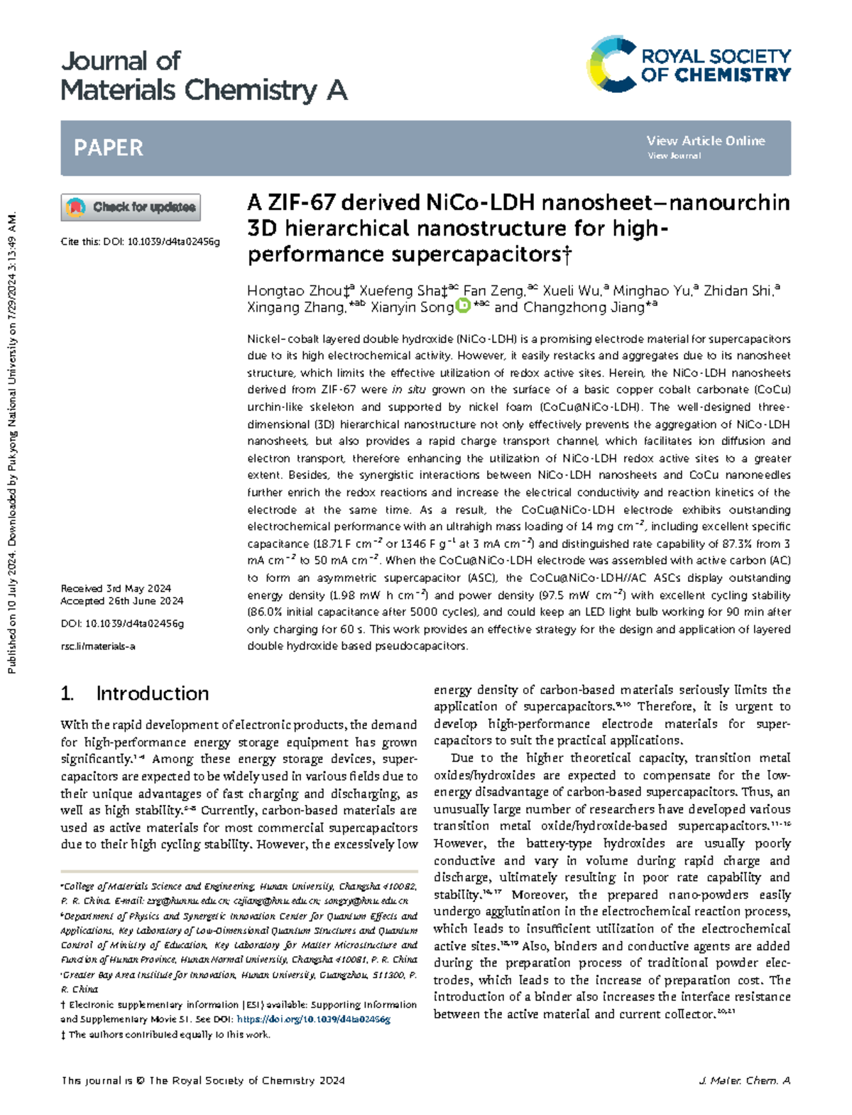 AZIF-67 derived NiCo-LDH nanosheet–nanourchin 3D hierarchical nanostructure for high performance ...