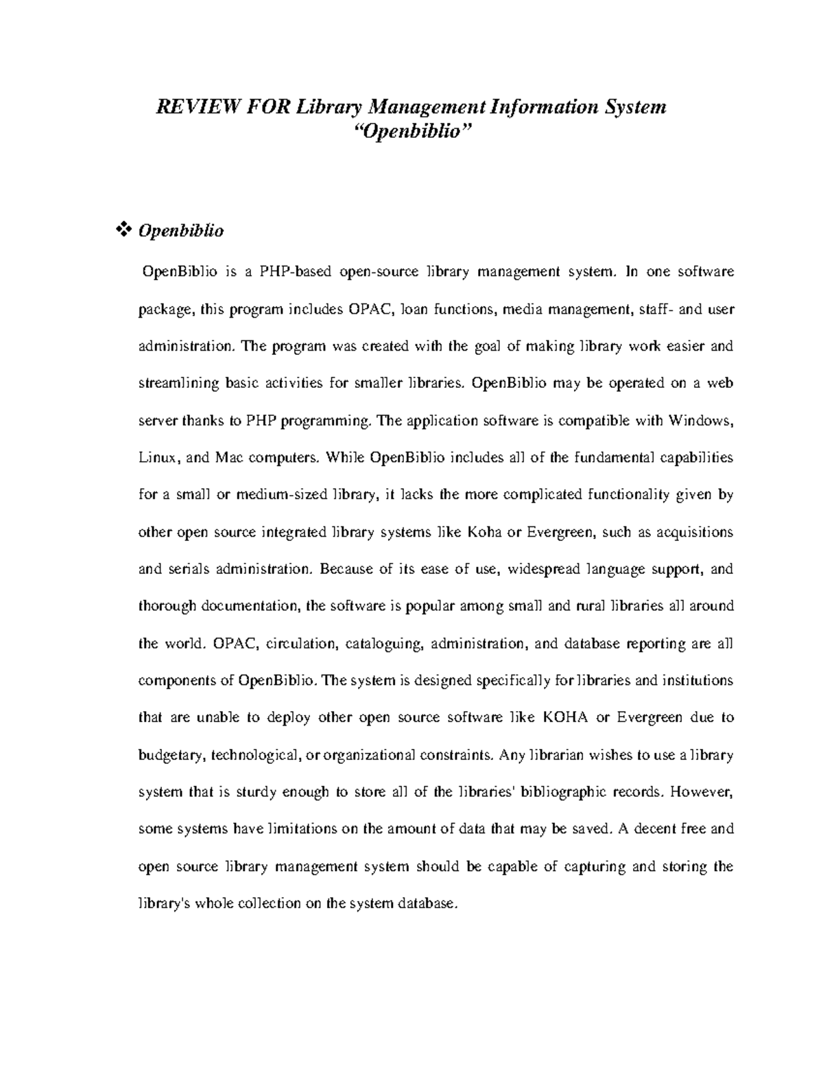 “Openbiblio” - REVIEW FOR Library Management Information System ...