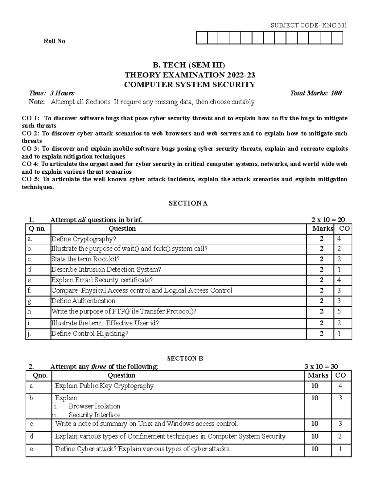 CSS Model Paper 1 - SUBJECT CODE- KNC 301 Roll No B. TECH (SEM-III ...