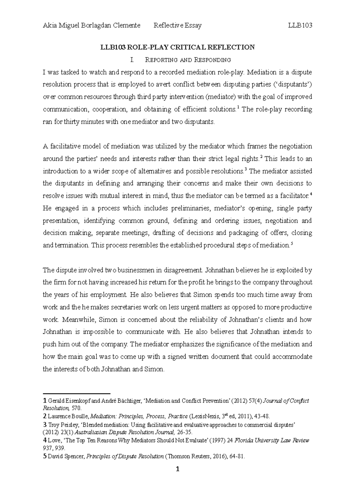 LLB103 Reflective Practice Assessment - LLB103 ROLE-PLAY CRITICAL ...