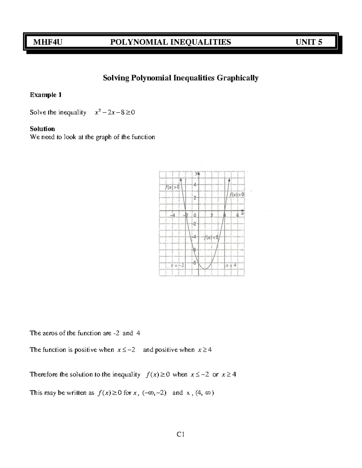 5C - Learning Guide page C1 - MHF4U POLYNOMIAL INEQUALITIES UNIT 5 ...