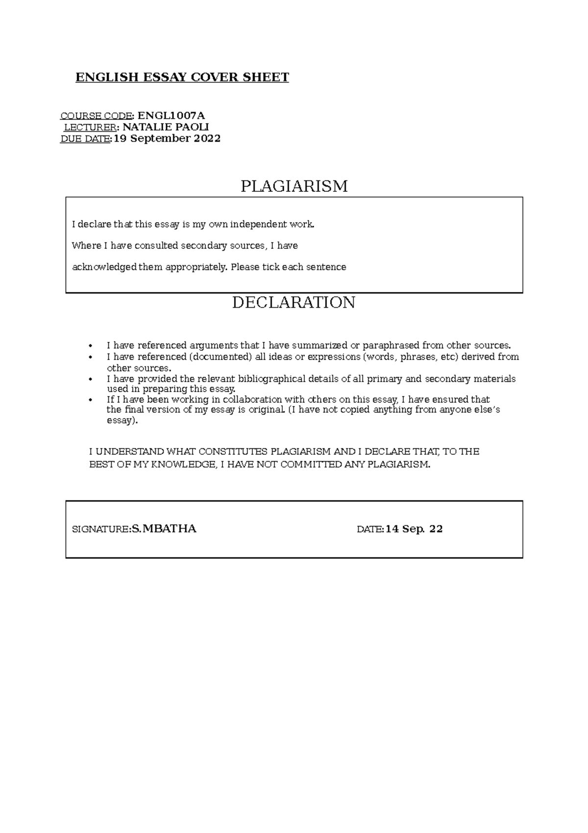 English Essay ) - ENGLISH ESSAY COVER SHEET COURSE CODE: ENGL1007A ...