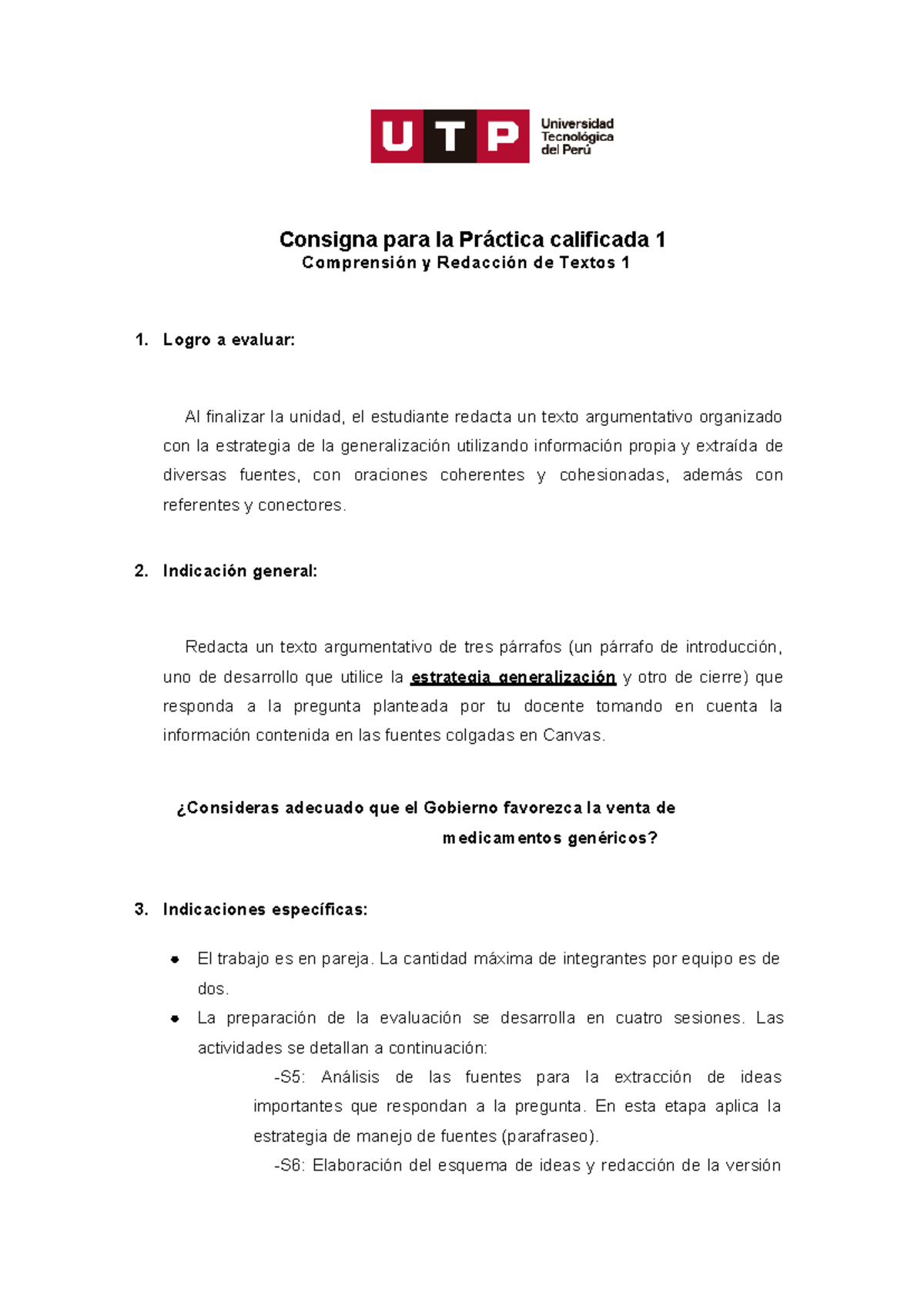 A01L PC1Consigna 22C2A - Consigna para la Práctica calificada 1 Comprensión y Redacción de ...