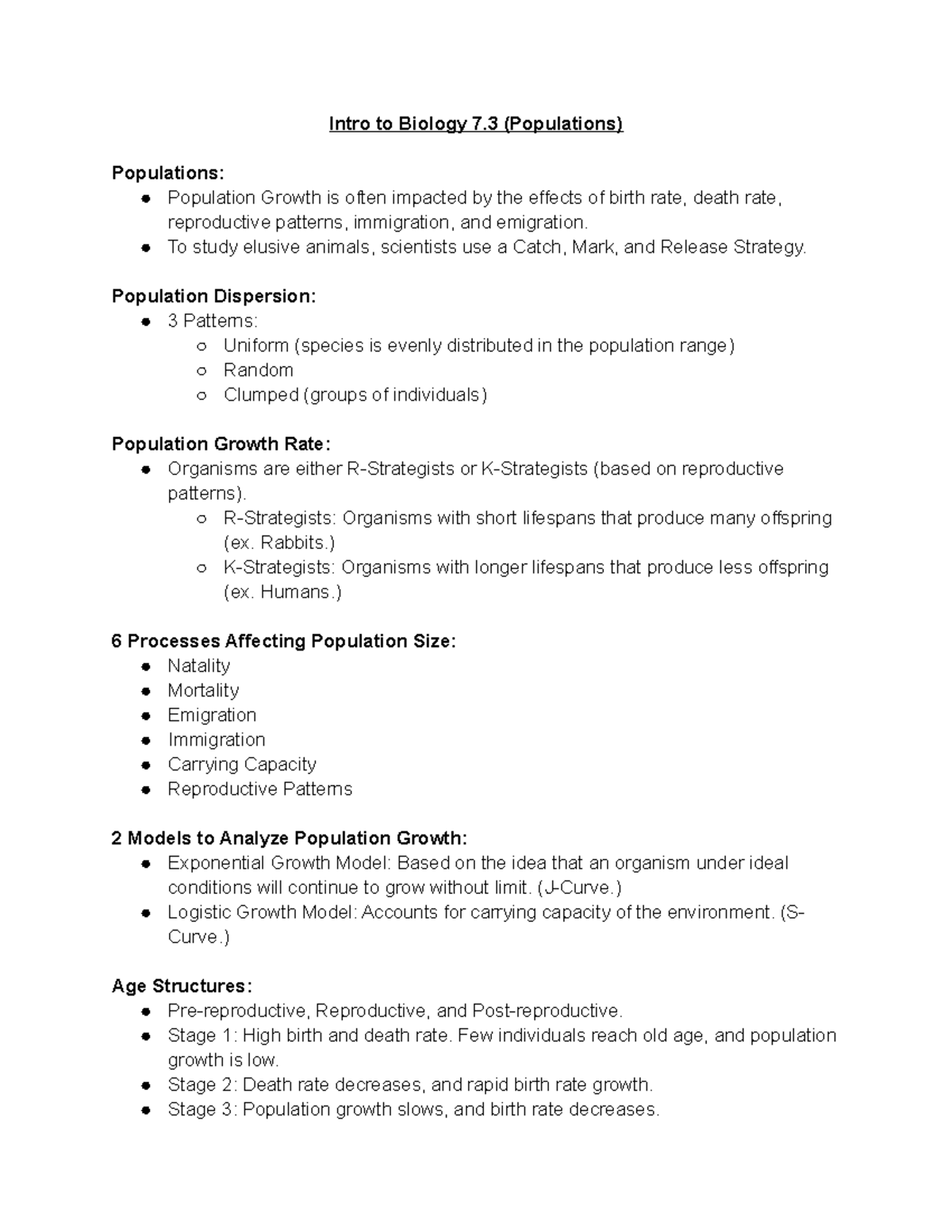 Intro to Biology 7.3 - Intro to Biology 7 (Populations) Populations ...