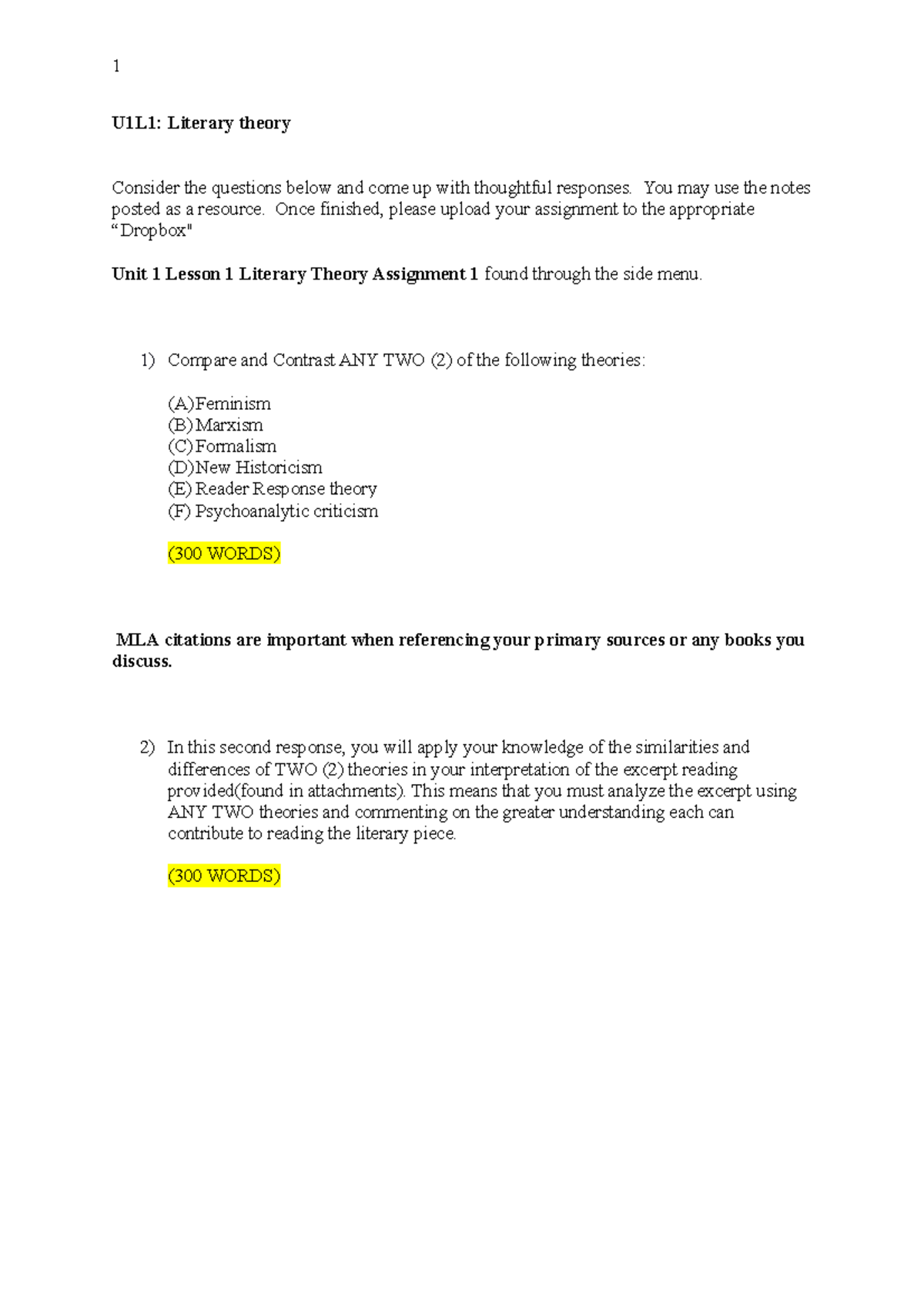 U1L1- Literary theory Assignment - Instructions - 1 U1L1: Literary ...