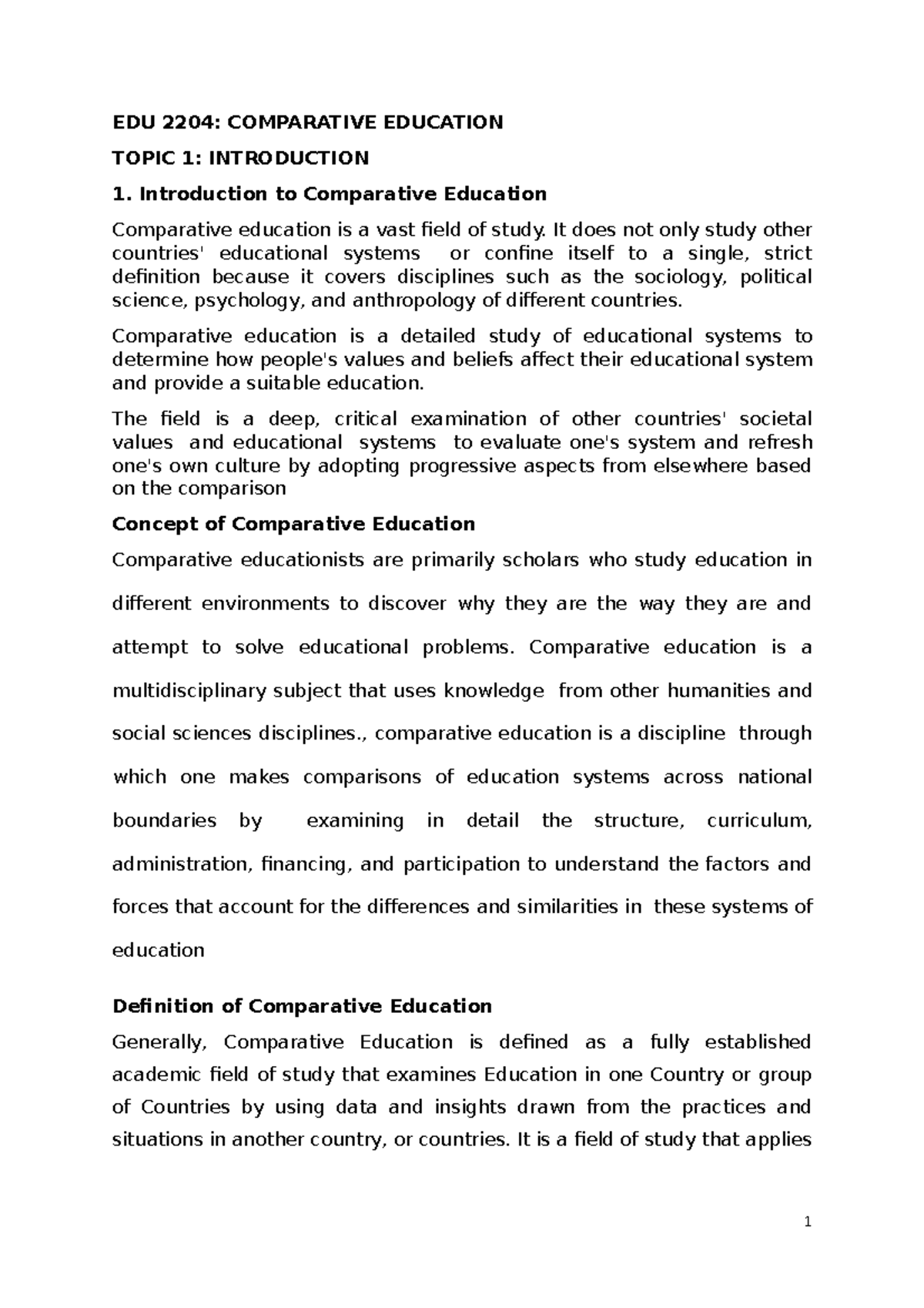 Edited-EDU 2204- Comparative Education Lesson ONE (1) Notes- 19-9-22-1 ...