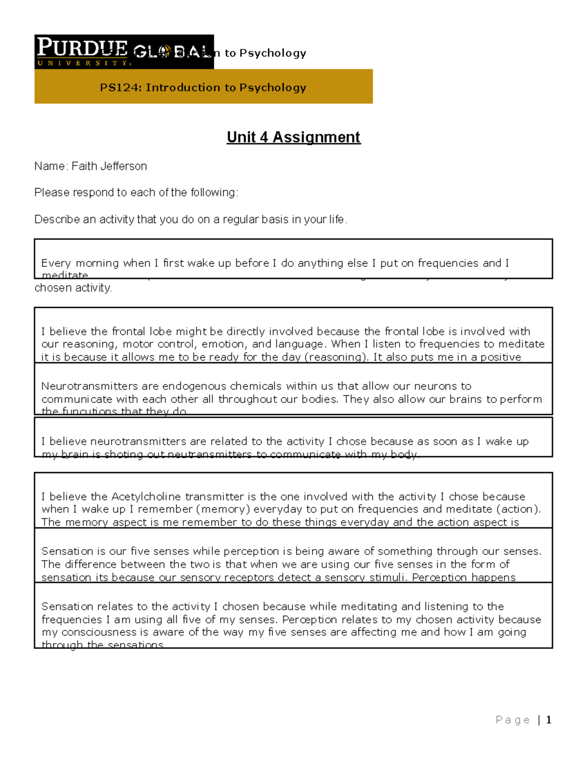 Intro to psychology U4A - Unit 4 Assignment Name: Faith Jefferson ...