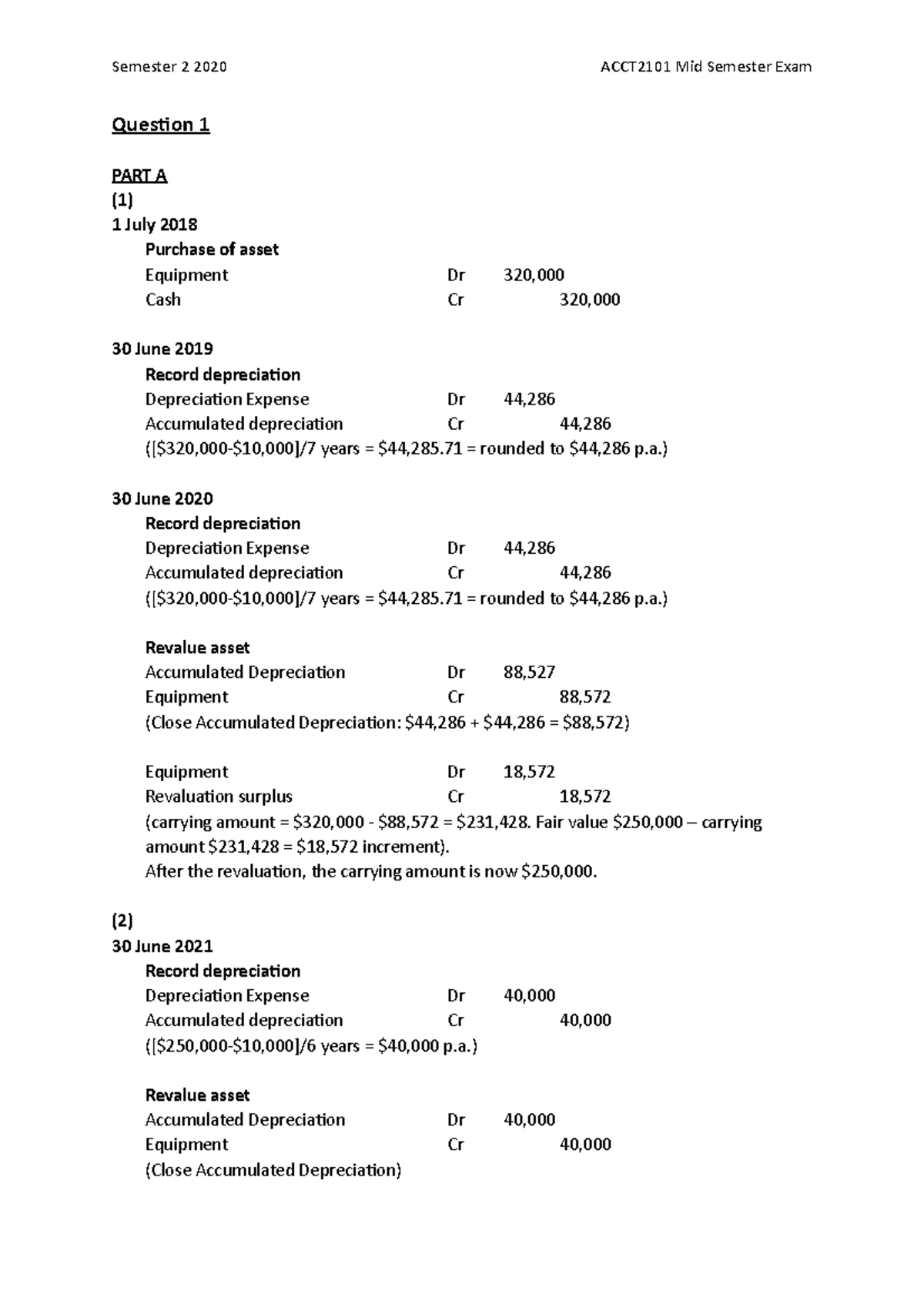 ACCT2110 Sem 2 2020 Mid Semester Take Home - Question 1 PART A (1) 1 July 2018 Purchase of asset ...