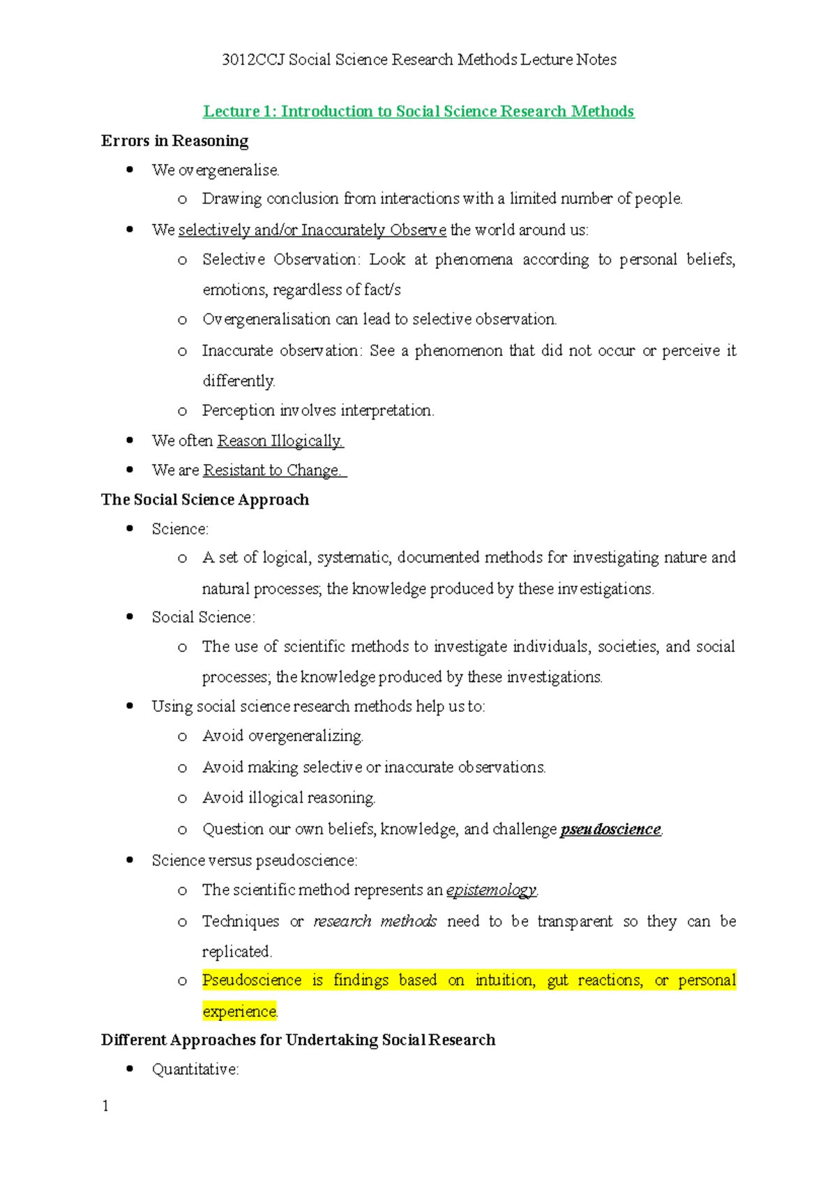 3012CCJ SSRM Lecture Notes - Lecture 1: Introduction to Social Science ...