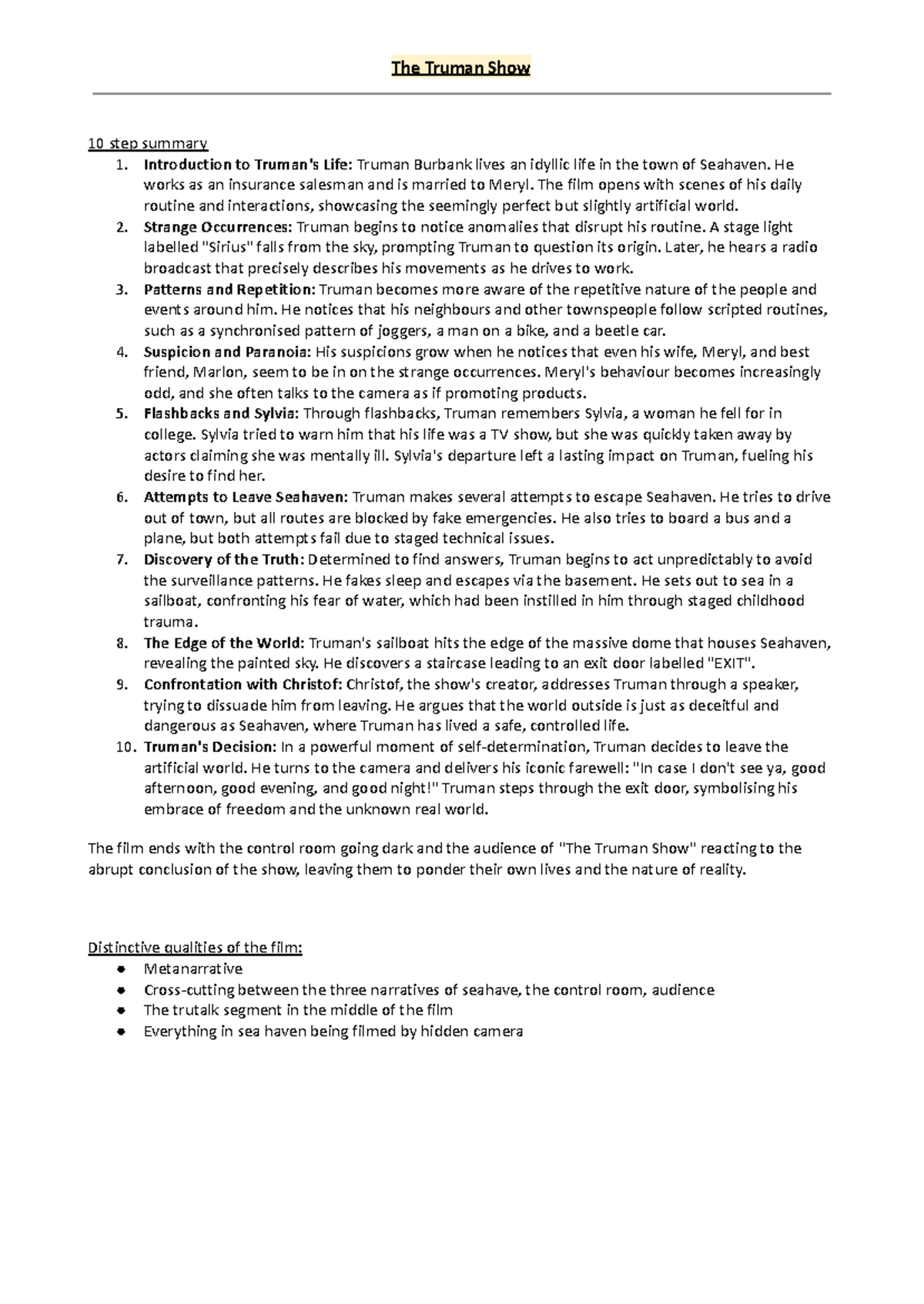 The Truman Show notes - The Truman Show 10 step summary 1. Introduction ...
