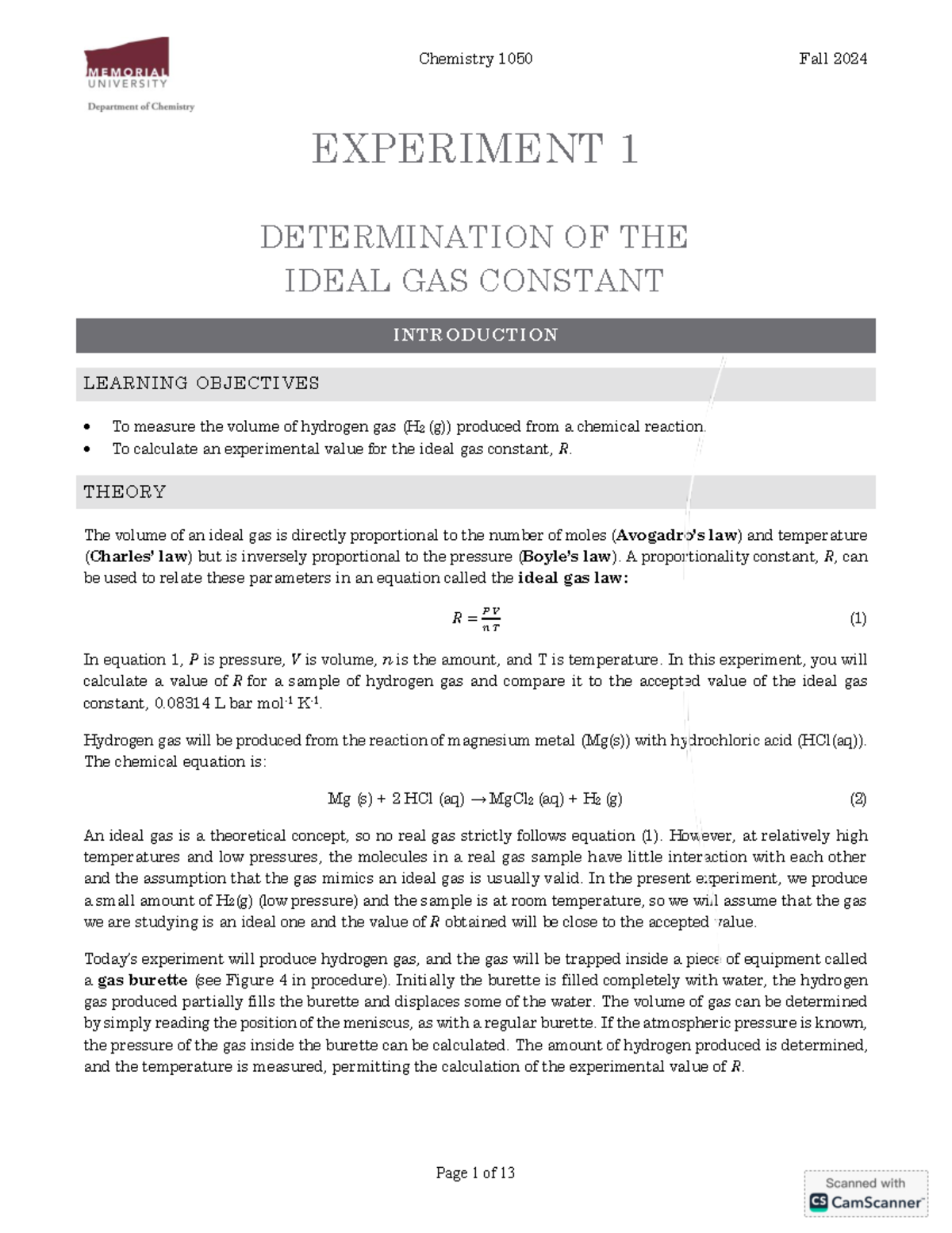 1050 Exp 1 R Gas F2024 - Lab 1 - Chemistry 1050 Fall 2024 EXPERIMENT 1 ...