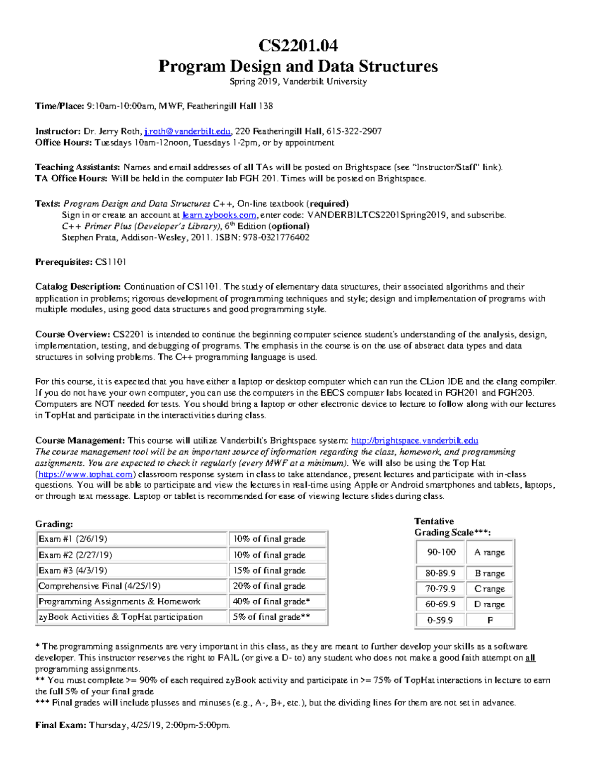 CS2201 04 syllabus for Spring 2019 - CS2201 - Vandy - Studocu