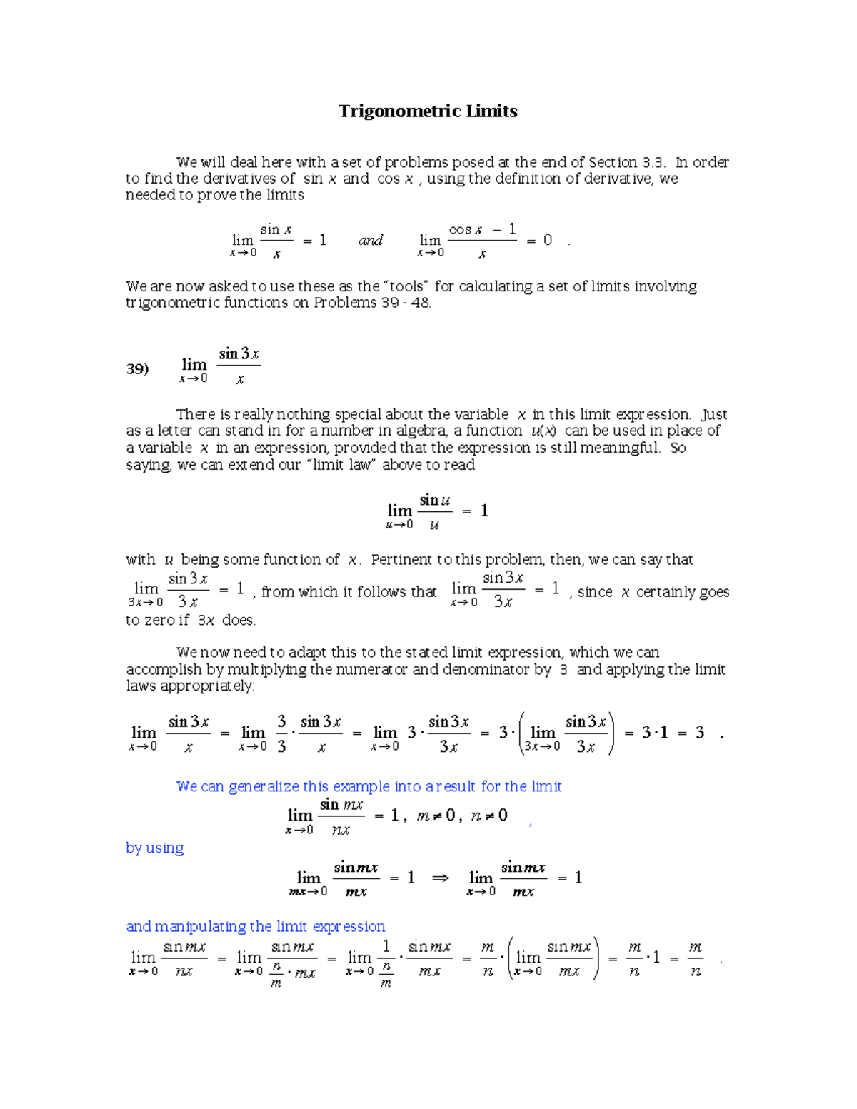 M1271-Trig Limits - Lecture notes 4.7 - Trigonometric Limits We will ...